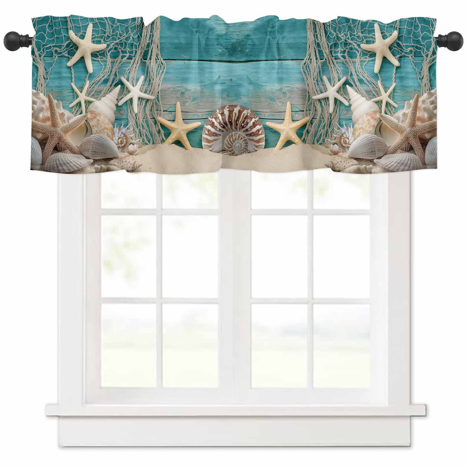 Teal Beach Coastal Valances for Windows Farmhouse Kitchen Curtains ...