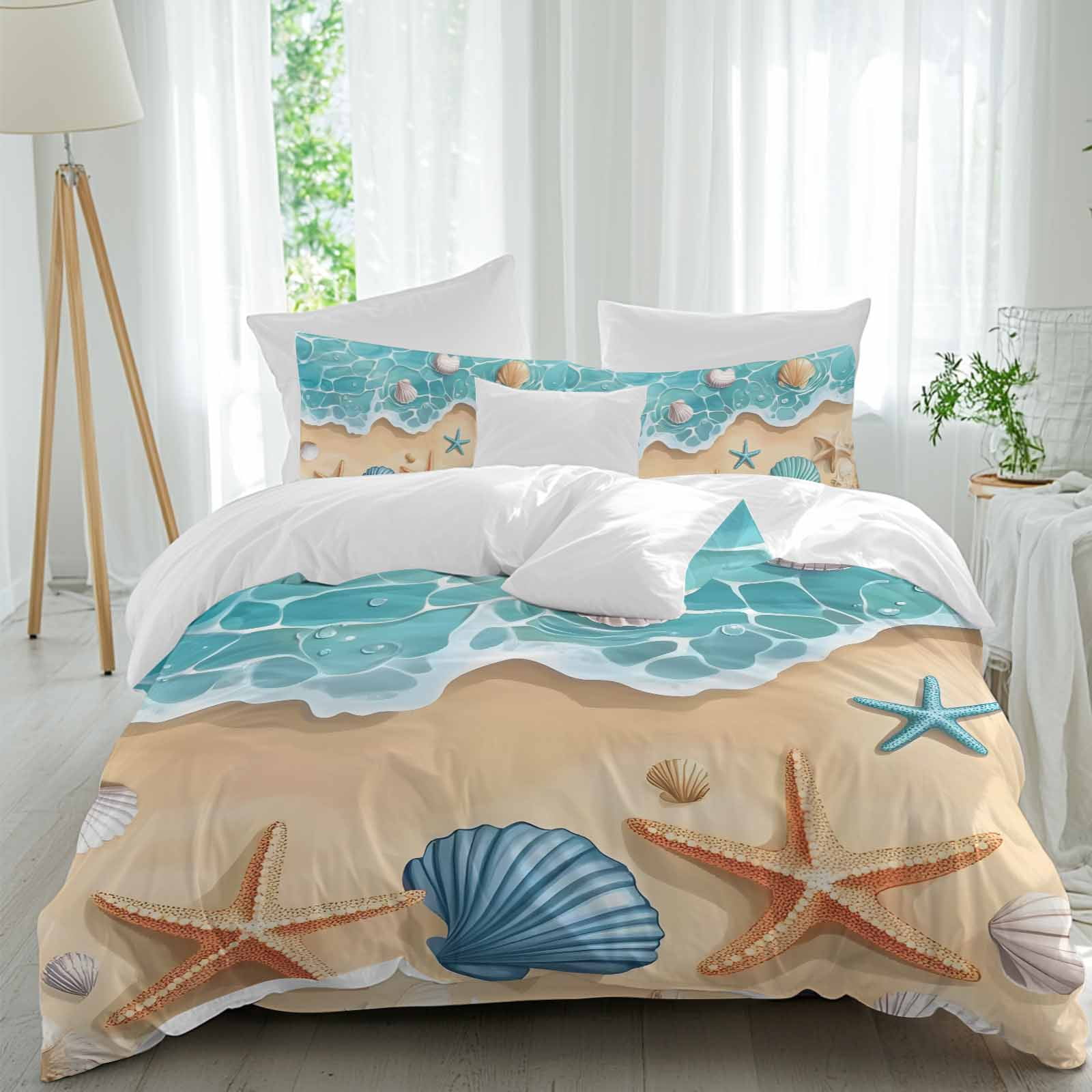 Teal Beach Duvet Cover Set Queen Size Water Ripped Starfish Shell Shore ...