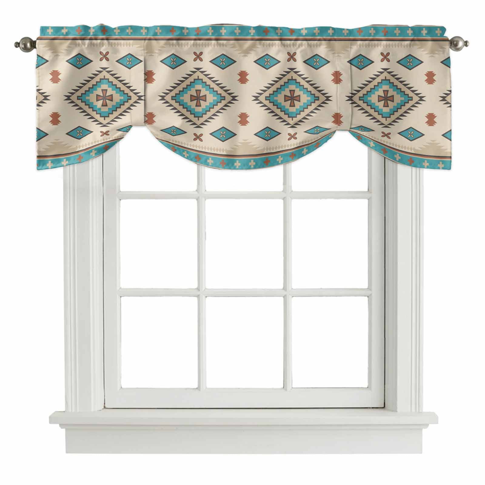Teal Beige Boho Tie Up Valance Curtains for Windows, Kitchen Curtains ...