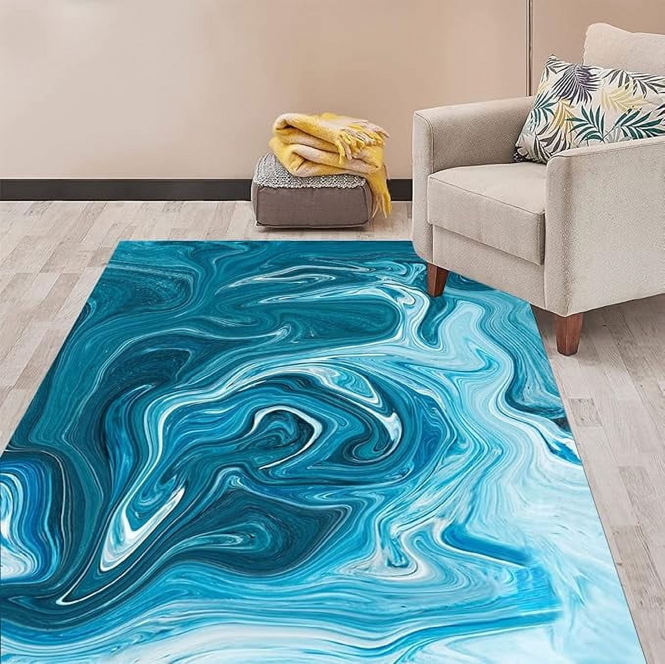 Teal Beige Ocean Waves Abstract Modern Area Rugs Ultra Soft Rug For ...