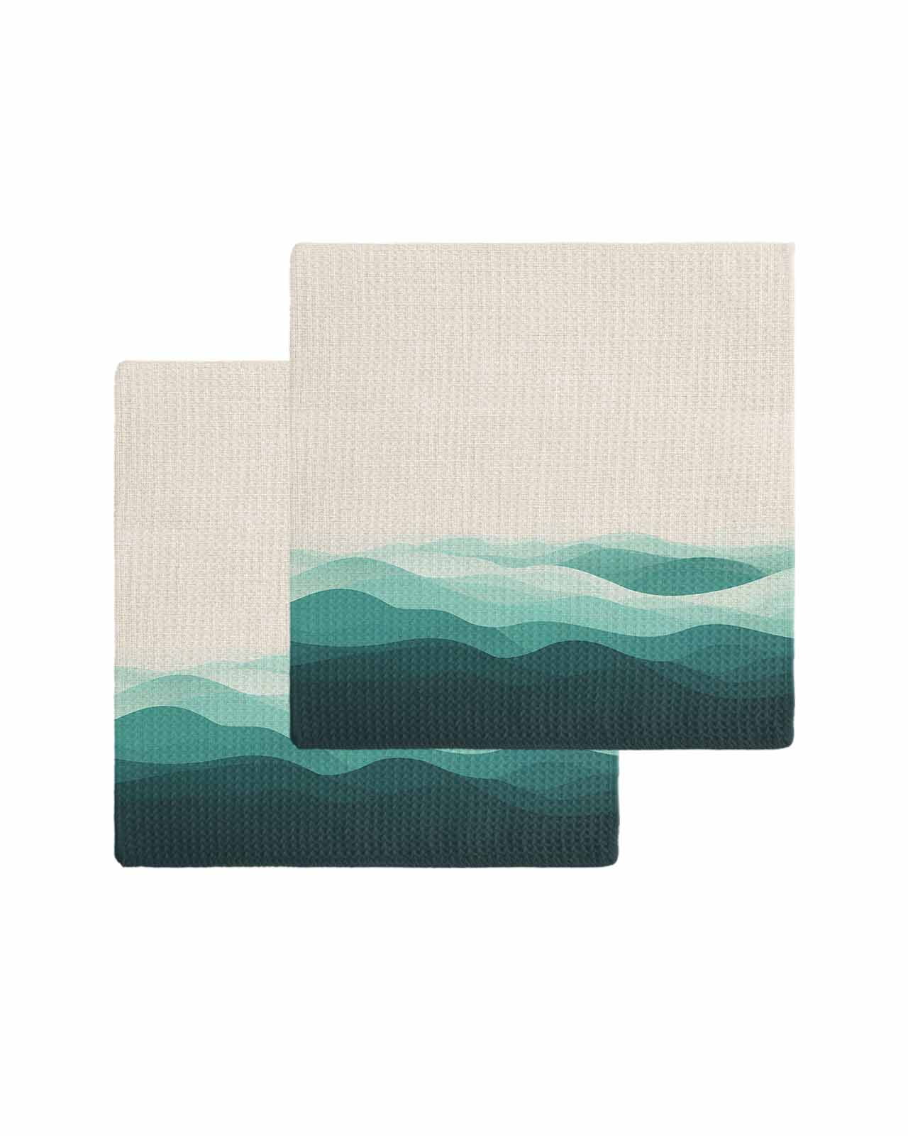 Teal Beige Ombre Kitchen Dish Towels for Drying Dishes Set of 2, Minimalist Ocean Waves Linen ...