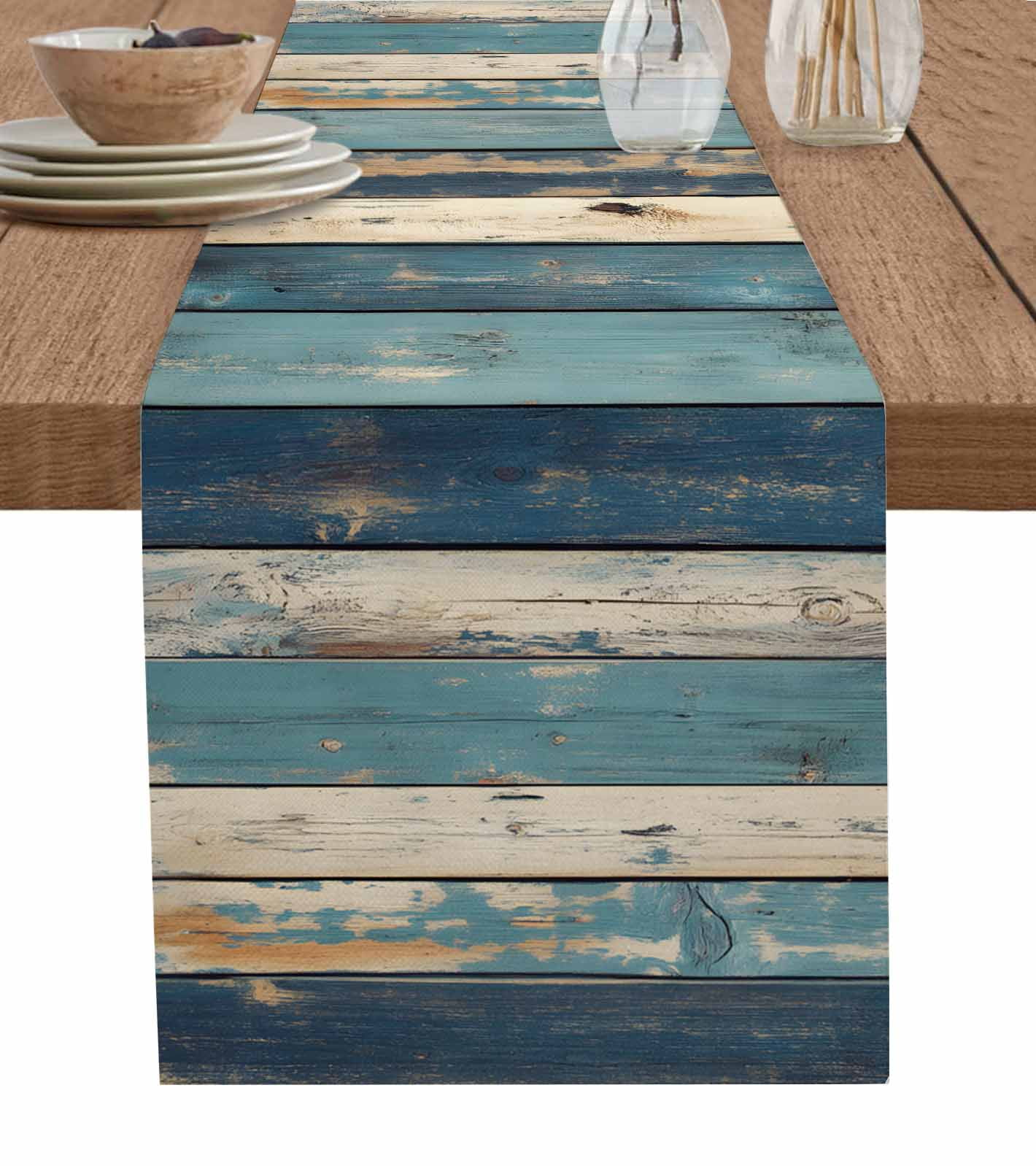 Teal Beige Stripe Burlap Cotton Table Runner 14x72 Inches Long ...