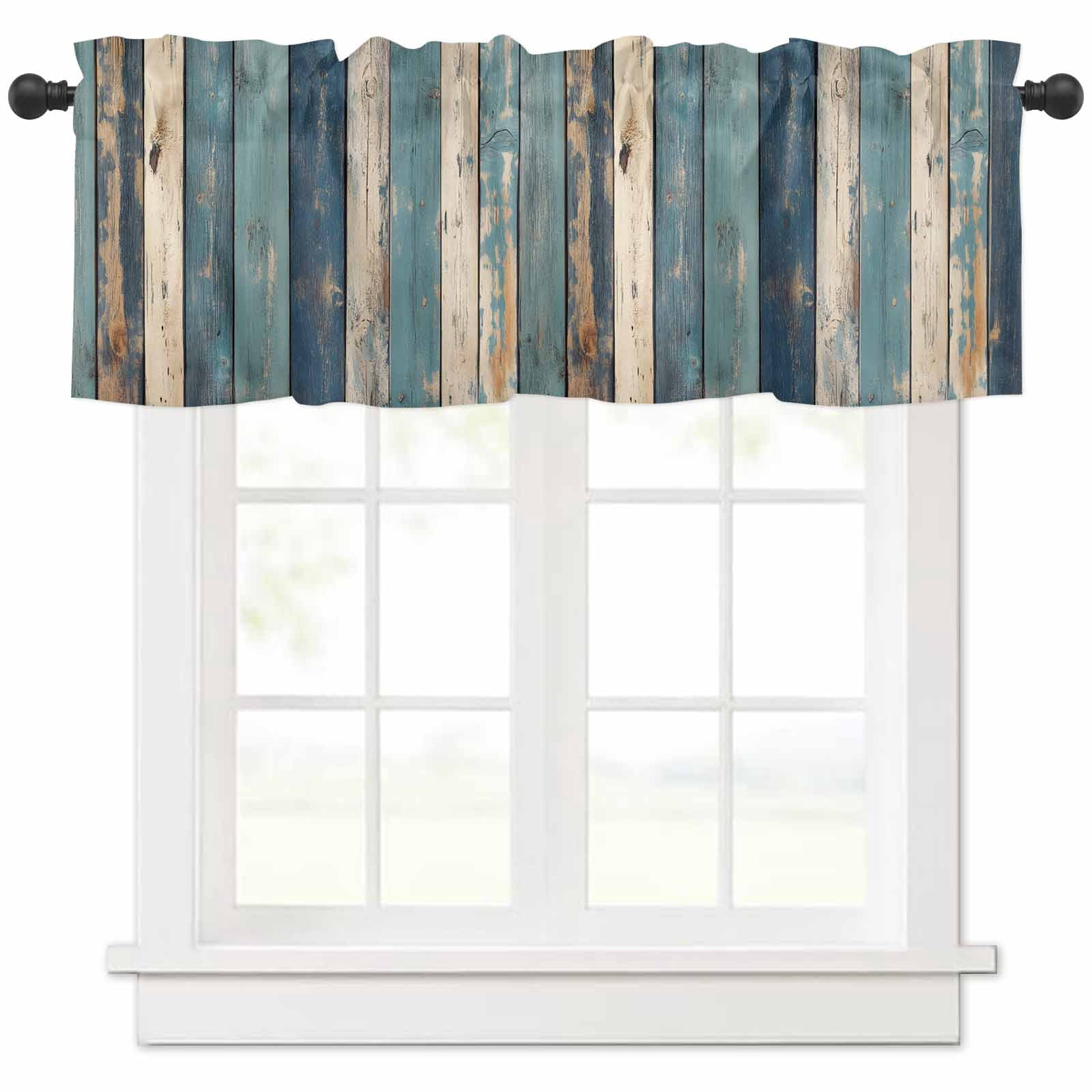 Teal Beige Stripe Valances for Windows Farmhouse Kitchen Curtains ...