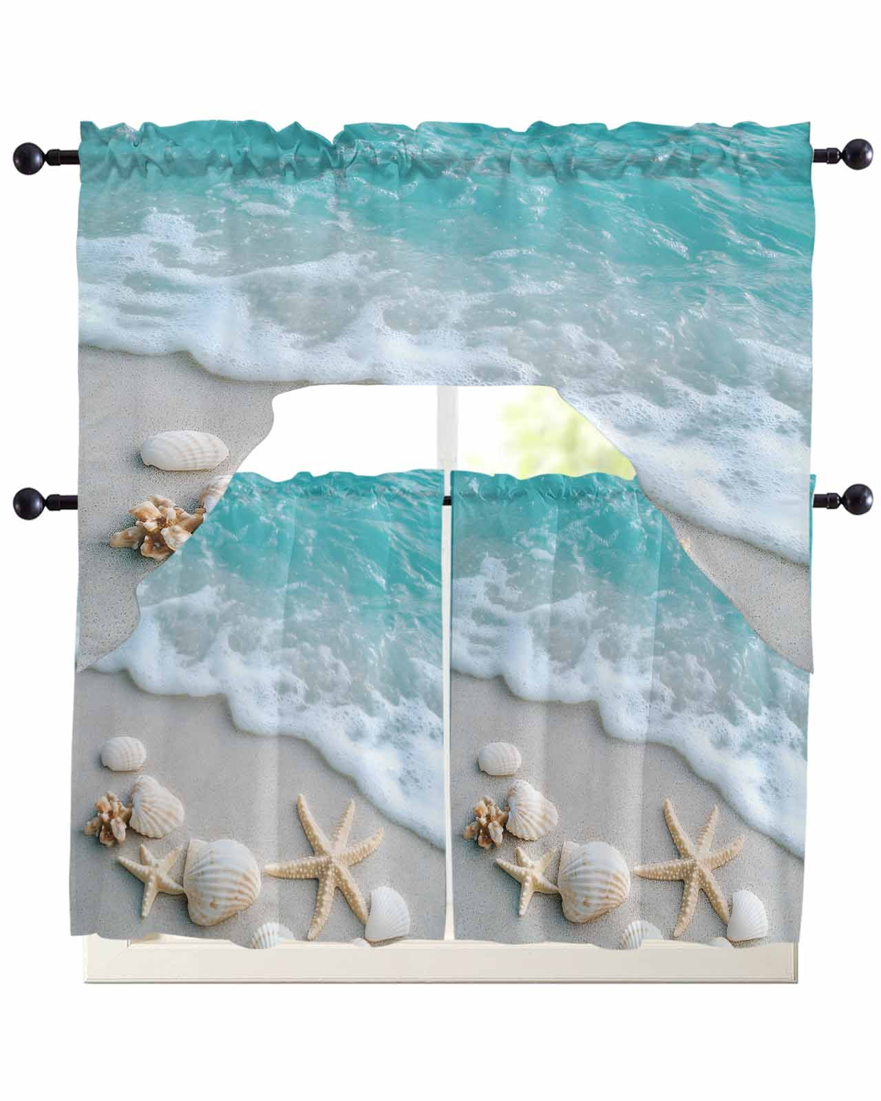 Teal Beige Swag Valance and Tier Curtains Set Beach Starfish Seashell ...