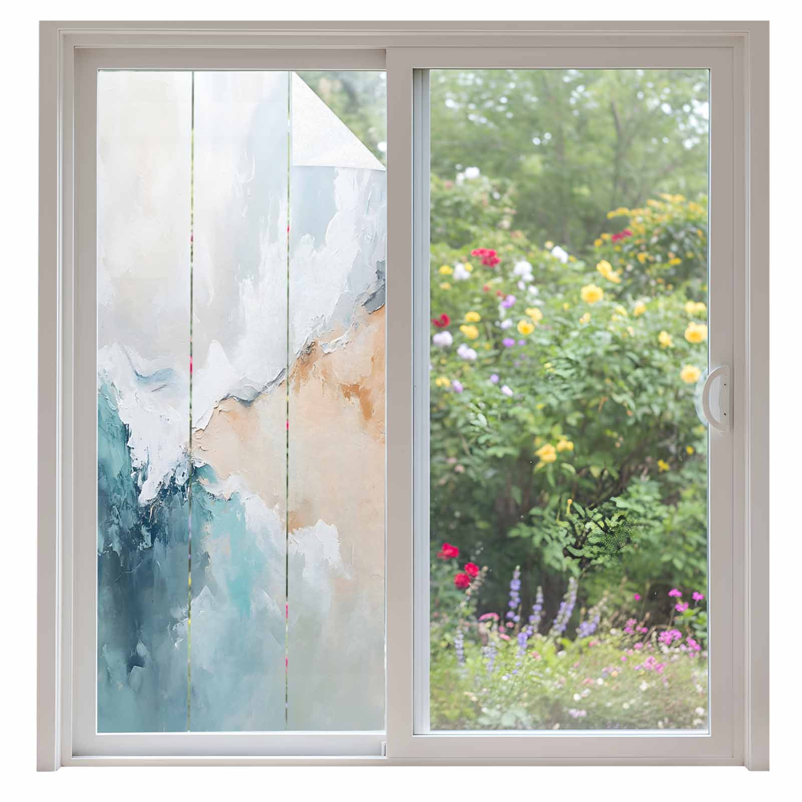 Teal Beige Window Privacy Film, Modern Oil Painting Art Coastal Static ...