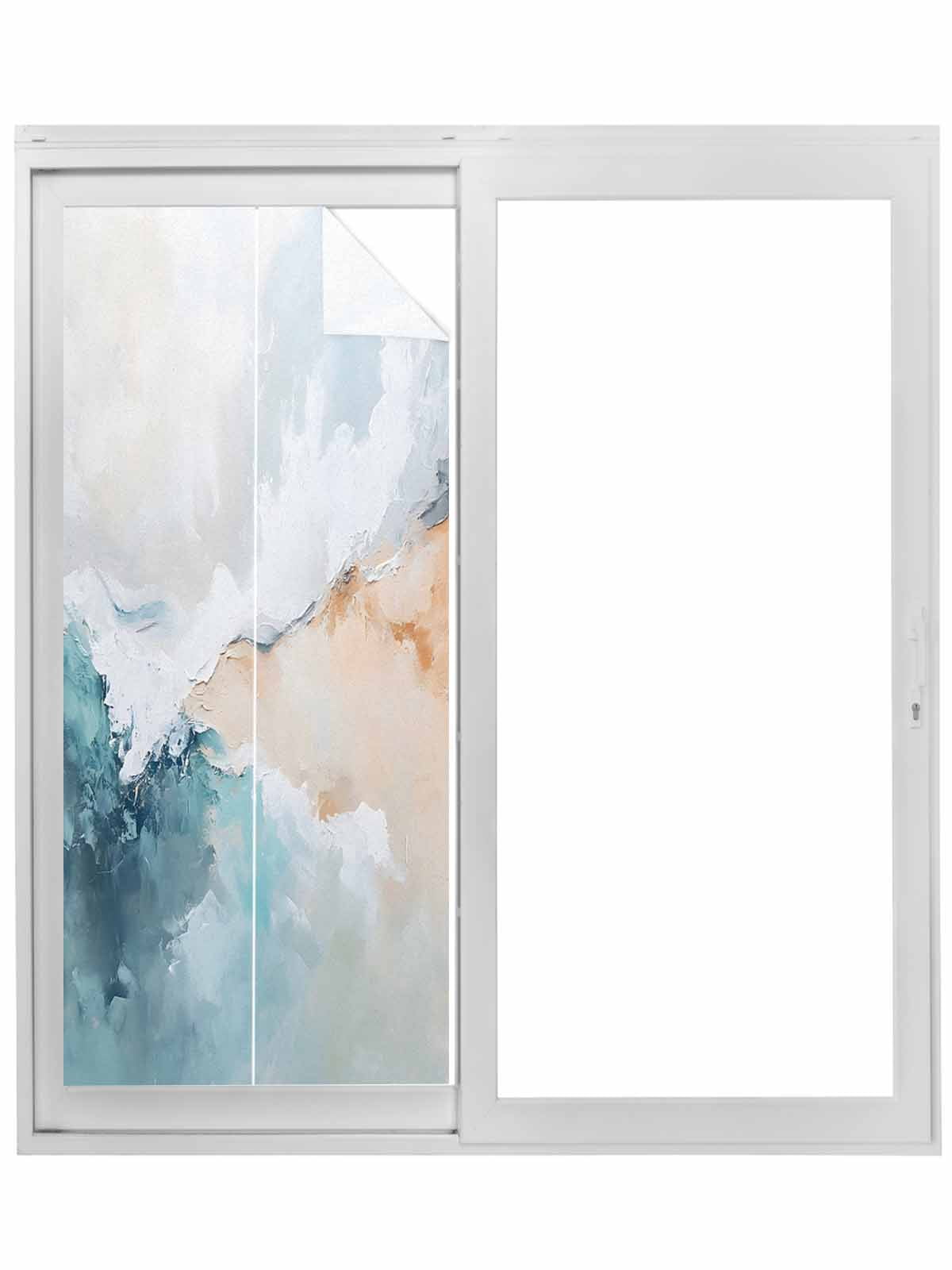 Teal Beige Window Privacy Film, Modern Oil Painting Art Coastal Static ...
