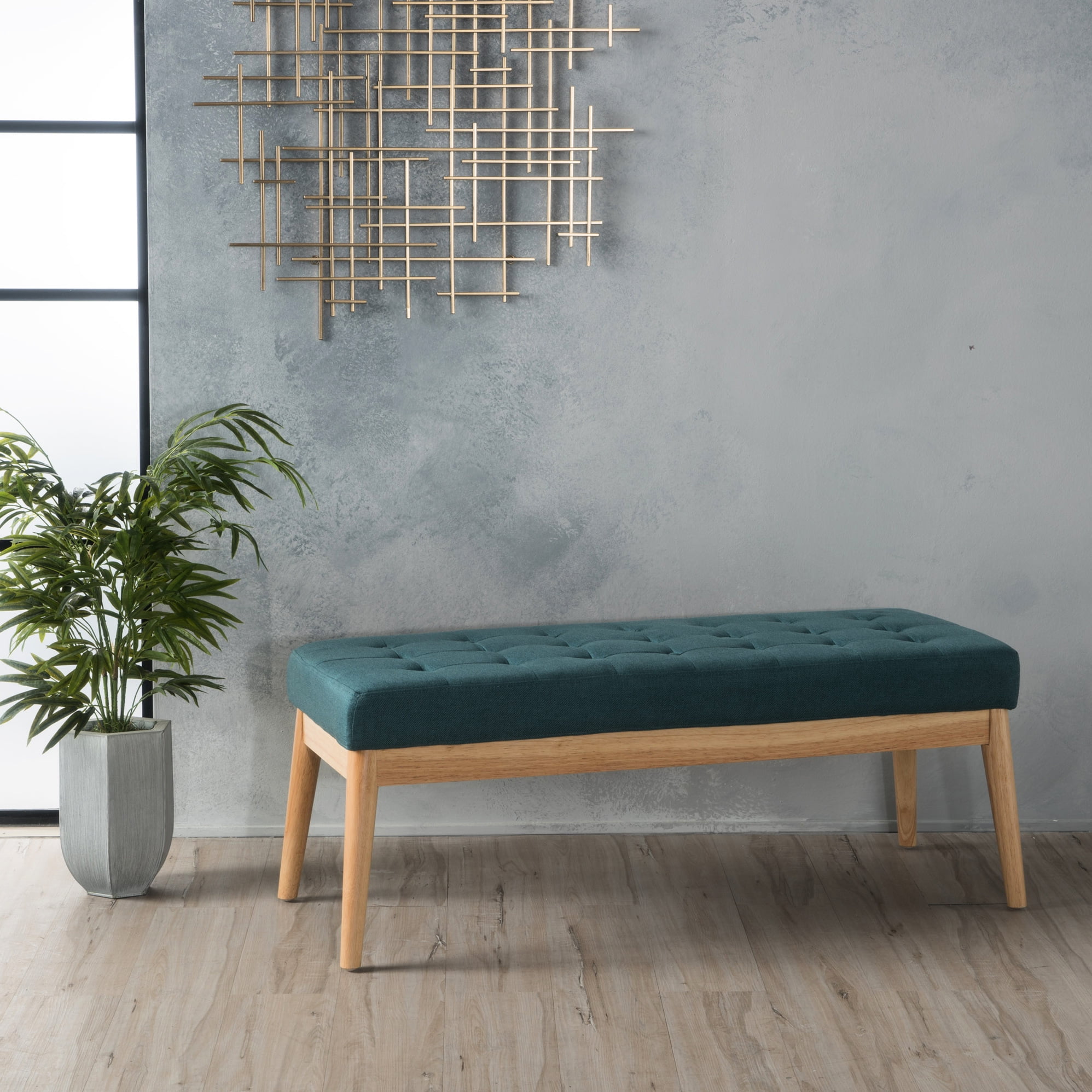 Teal Bench With Classic Button Tufting And Wood Support Modern Seat In ...