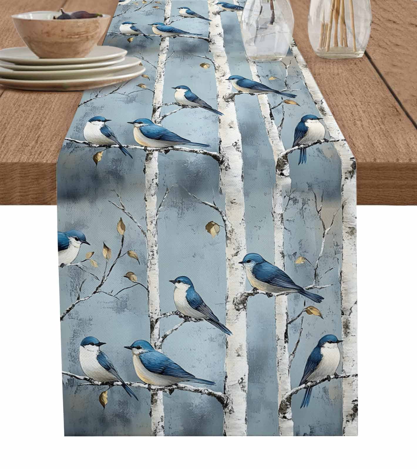 Teal Birds Burlap Cotton Table Runner 13x120 Inches Long, Modern Oil ...