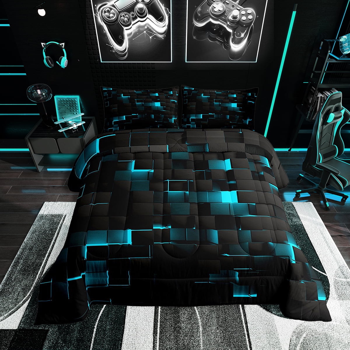 Teal And Black Bedding Sets Twin,Neon Turquoise Geometric Check ...