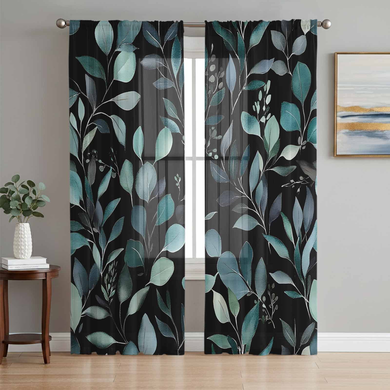 Teal Black Botanical Sheer Curtains 96 Inch Length 2 Panels Set, Spring ...