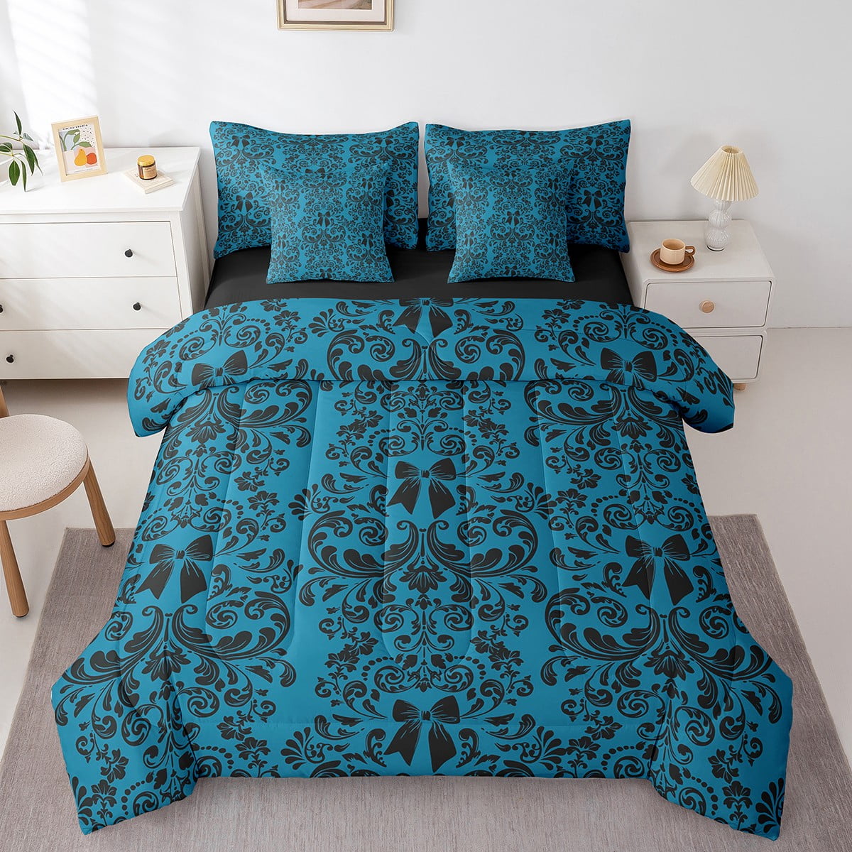 Teal Black Bow Knot Bed in a Bag King Size Comforter Set 7 Pieces ...
