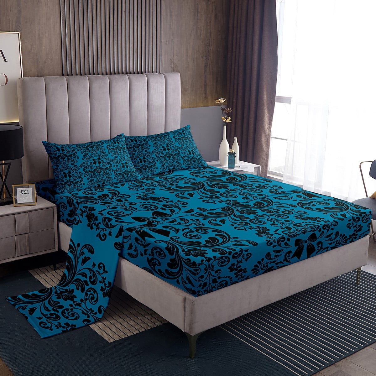 Teal Black Bow Knot Bed Sheets Set Antique Victorian Damask Sheet Set ...