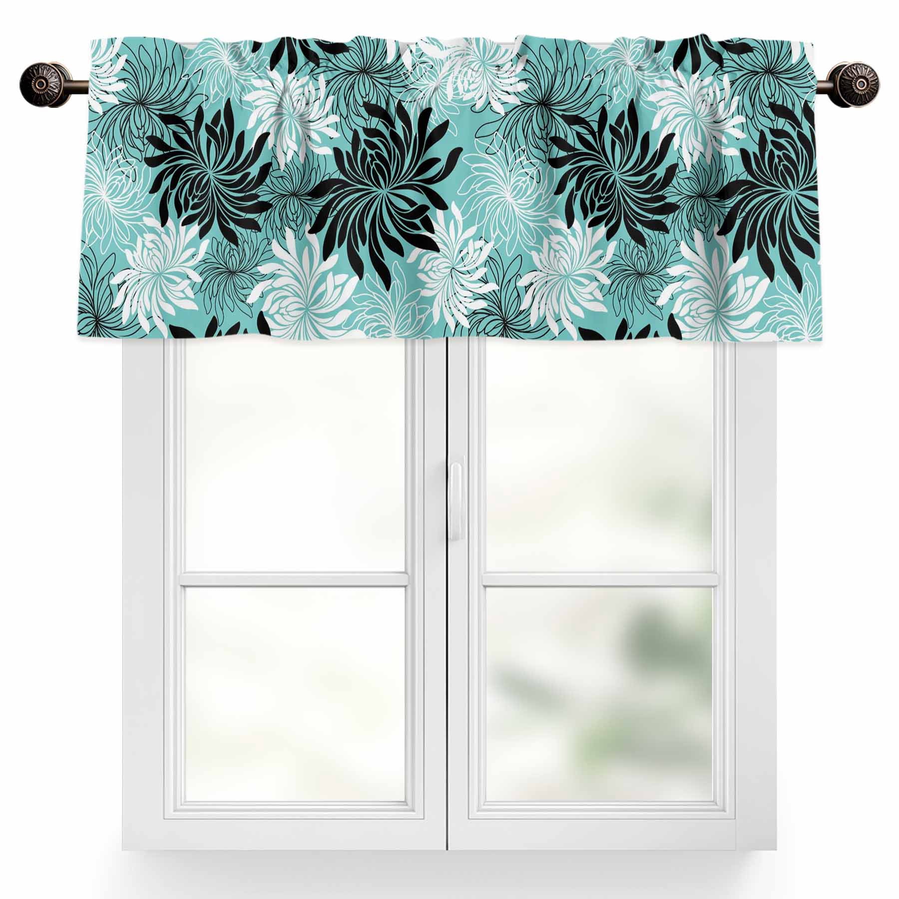 Teal Black Floral Valances for Windows Vintage Teal White Black Flower ...