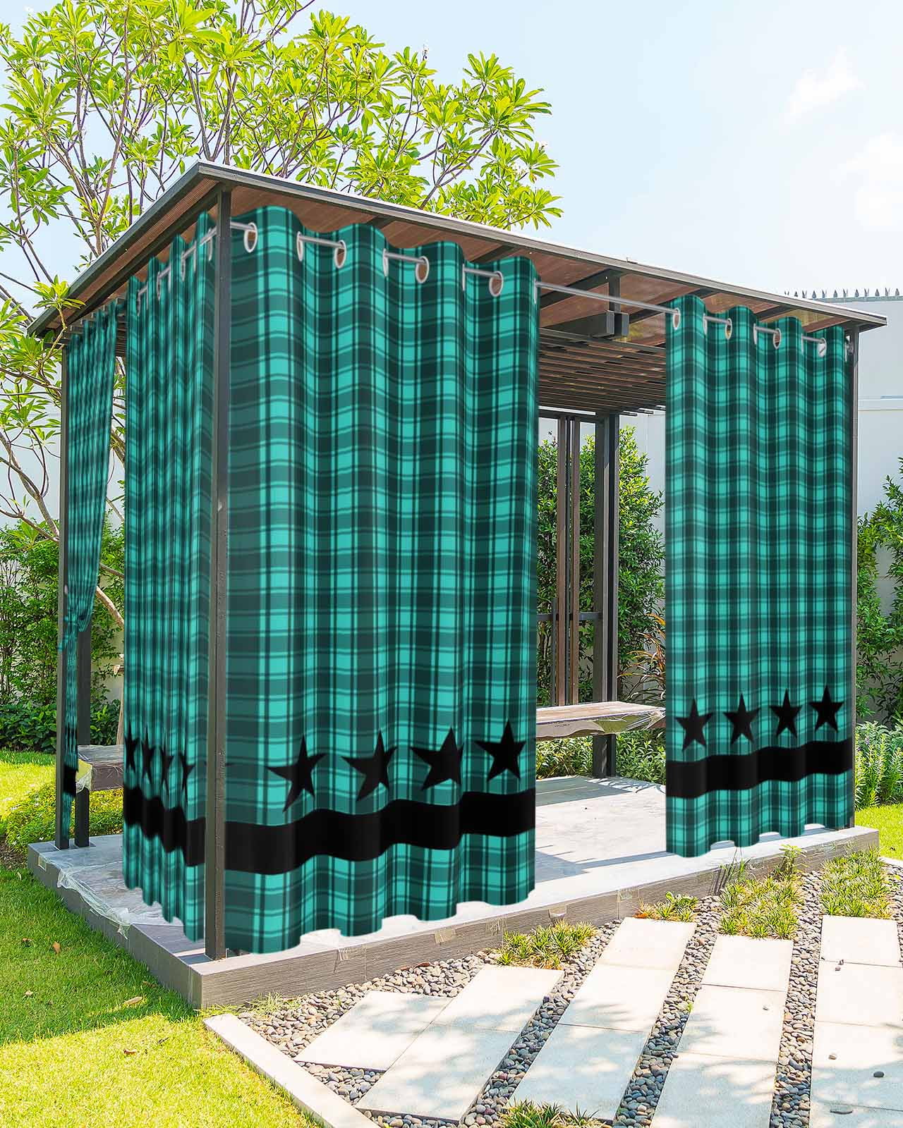 Teal Black Plaid Outdoor Curtains for Patio, Farmhouse Retro Star ...