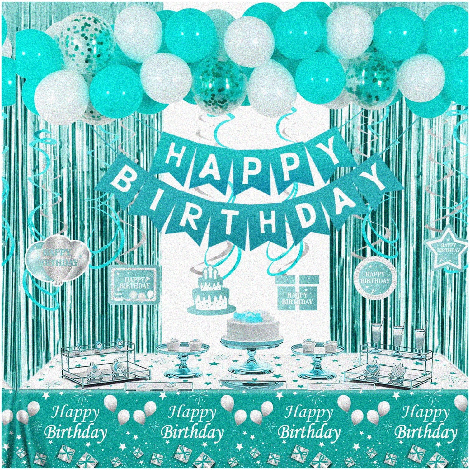 Teal Bliss Birthday Bash Kit: Vibrant Balloons, Rain Curtains ...