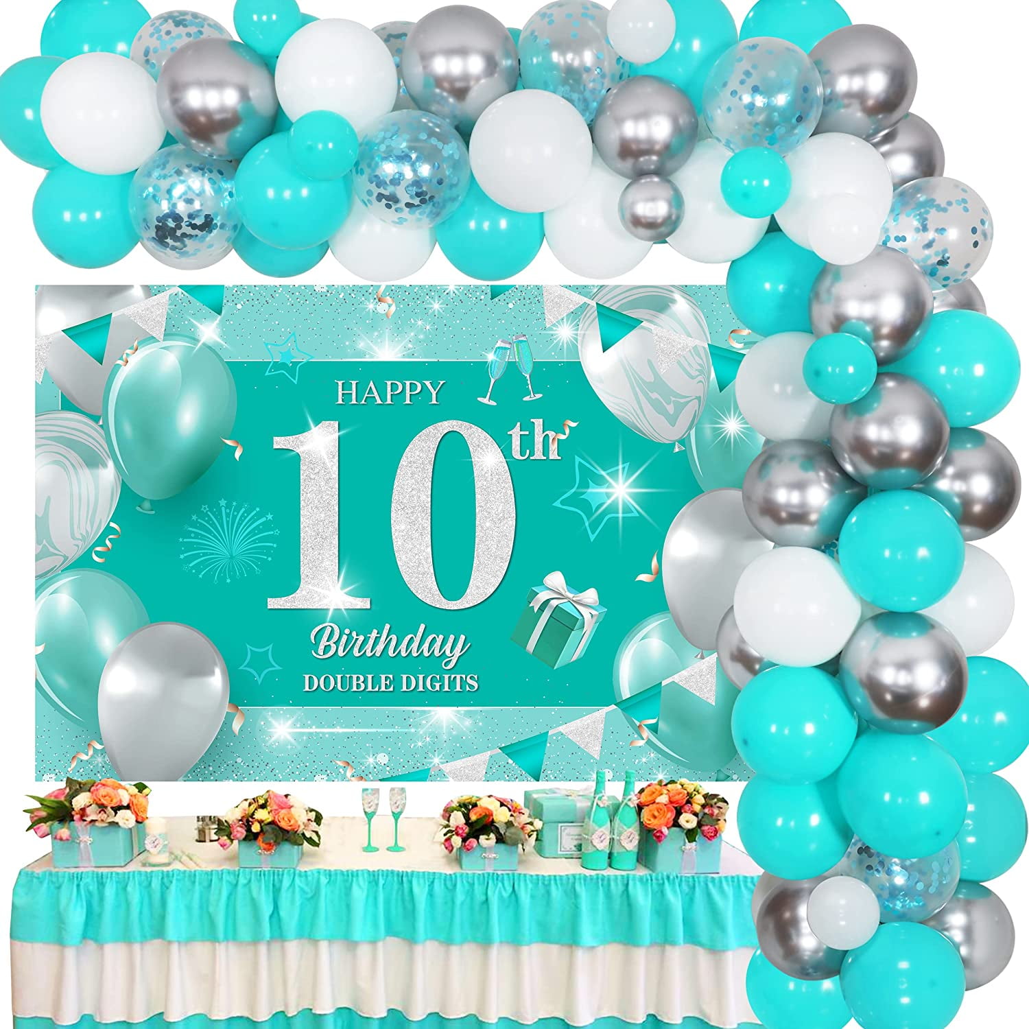 Teal Blue 10th Birthday Decorations, Sweet Turquoise Silver Balloon ...