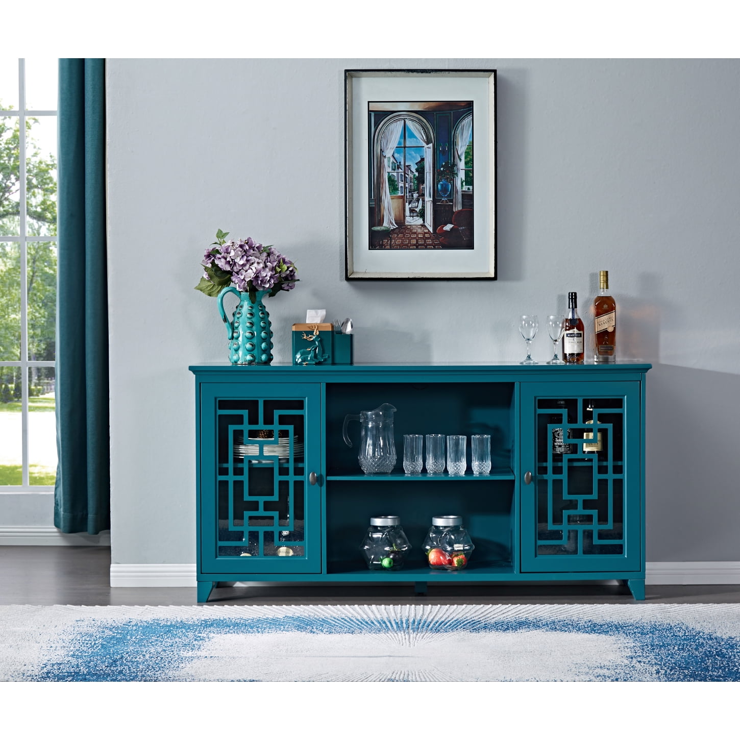 Teal Blue 60-inch Sideboard Buffet Table, Elegant MDF Construction, 2 ...