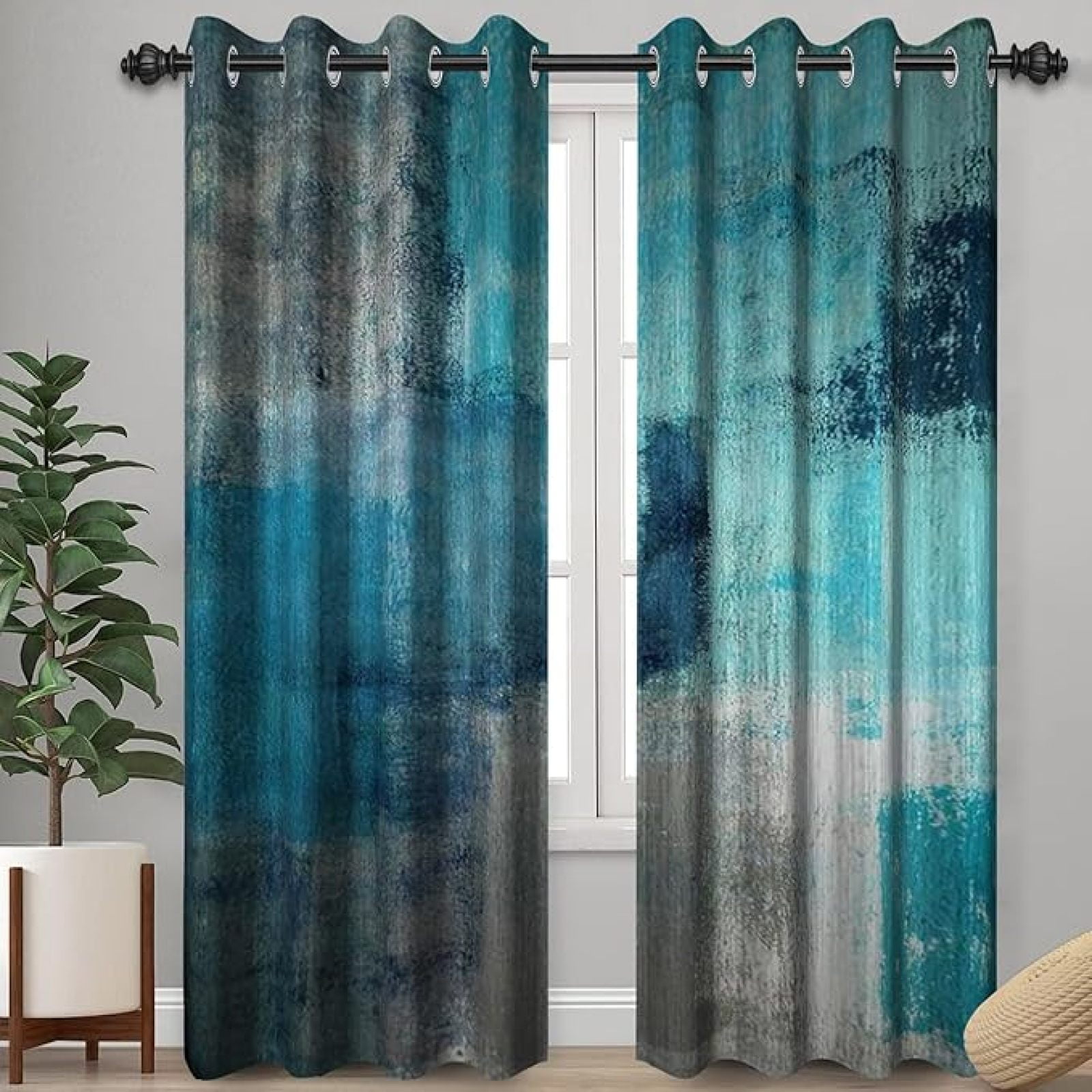 Teal Blue Abstract Art Curtains For Bedroom, Modern Contemporary ...