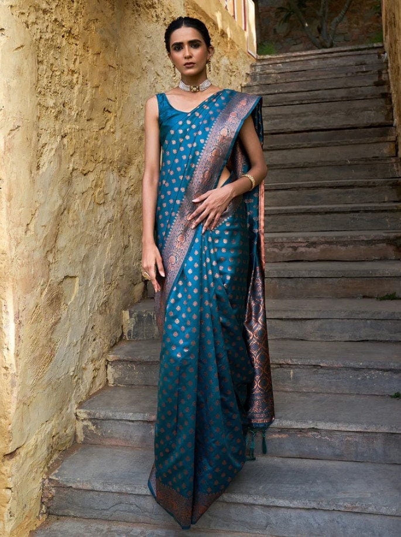 Teal Blue Banarasi Silk Saree | Saree With Unstitched Blouse ...