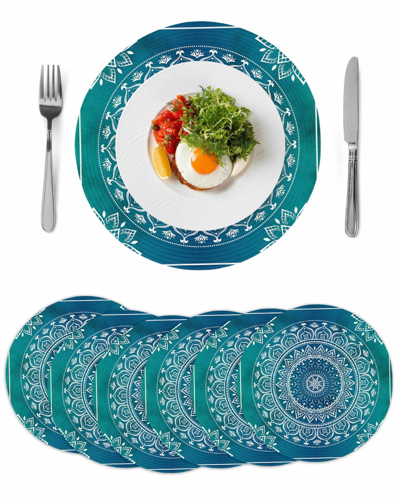 Teal Blue Bohemian Round Table Placemats set of 6, Retro Man-dala ...