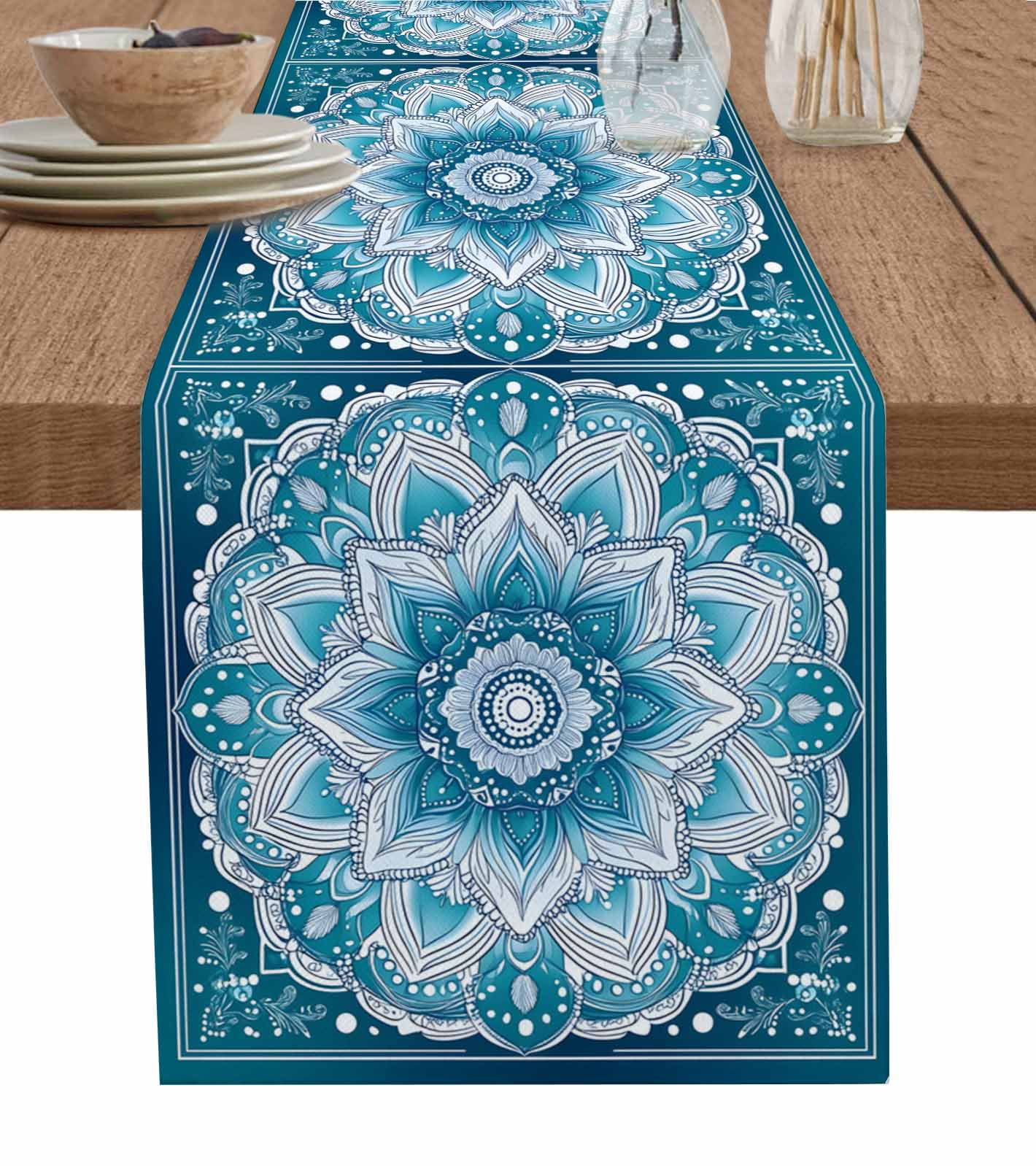 Teal Blue Boho Burlap Cotton Table Runner 13x90 Inches Long, Abstract ...