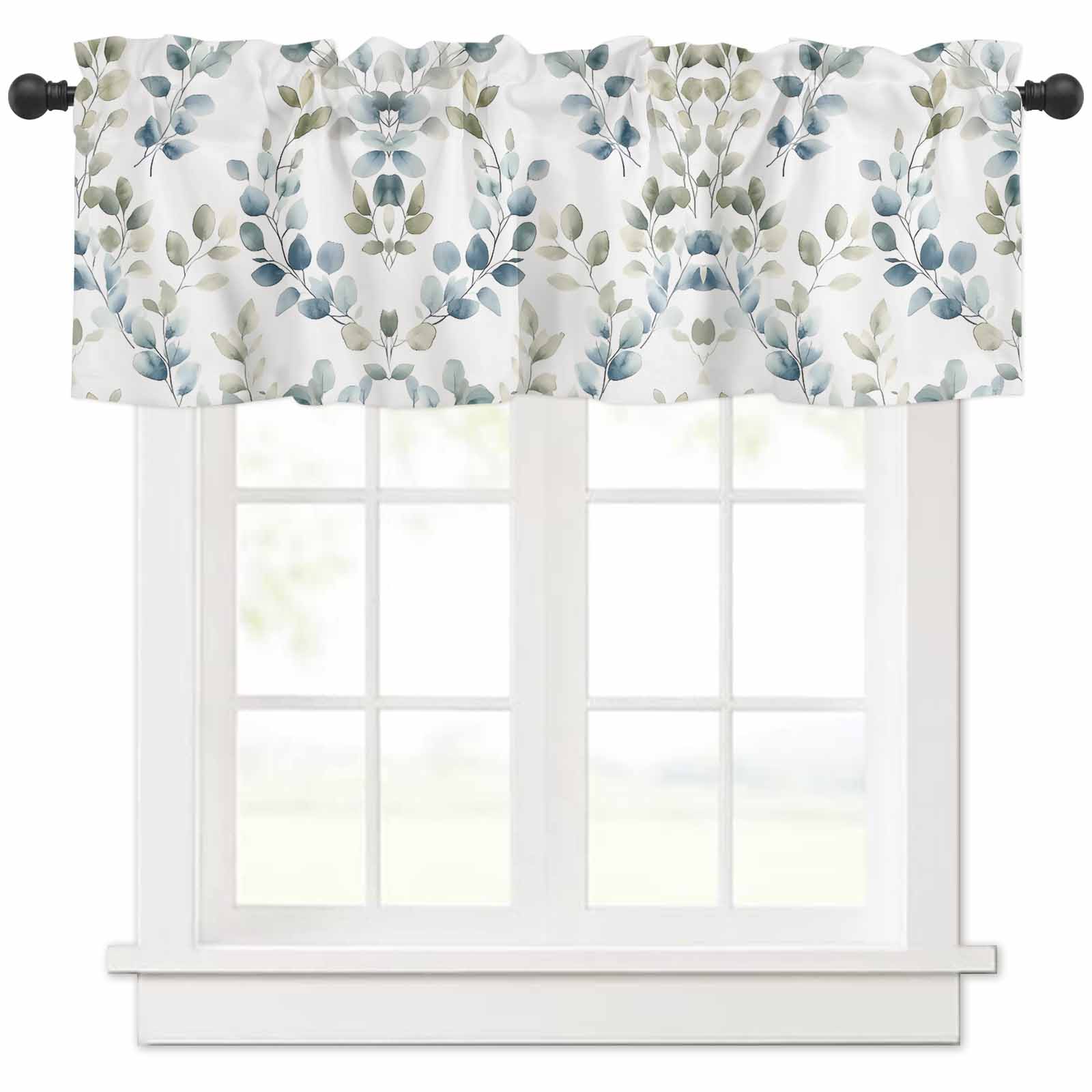 Teal Blue Botanical Valances for Windows Farmhouse Kitchen Curtains ...