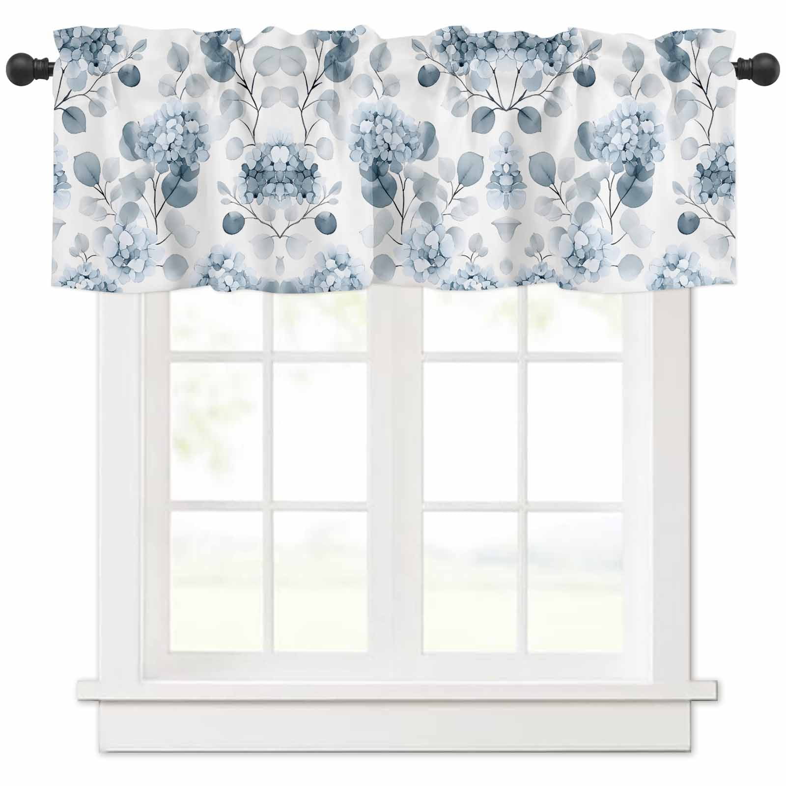 Teal Blue Botanical Valances for Windows Farmhouse Kitchen Curtains ...