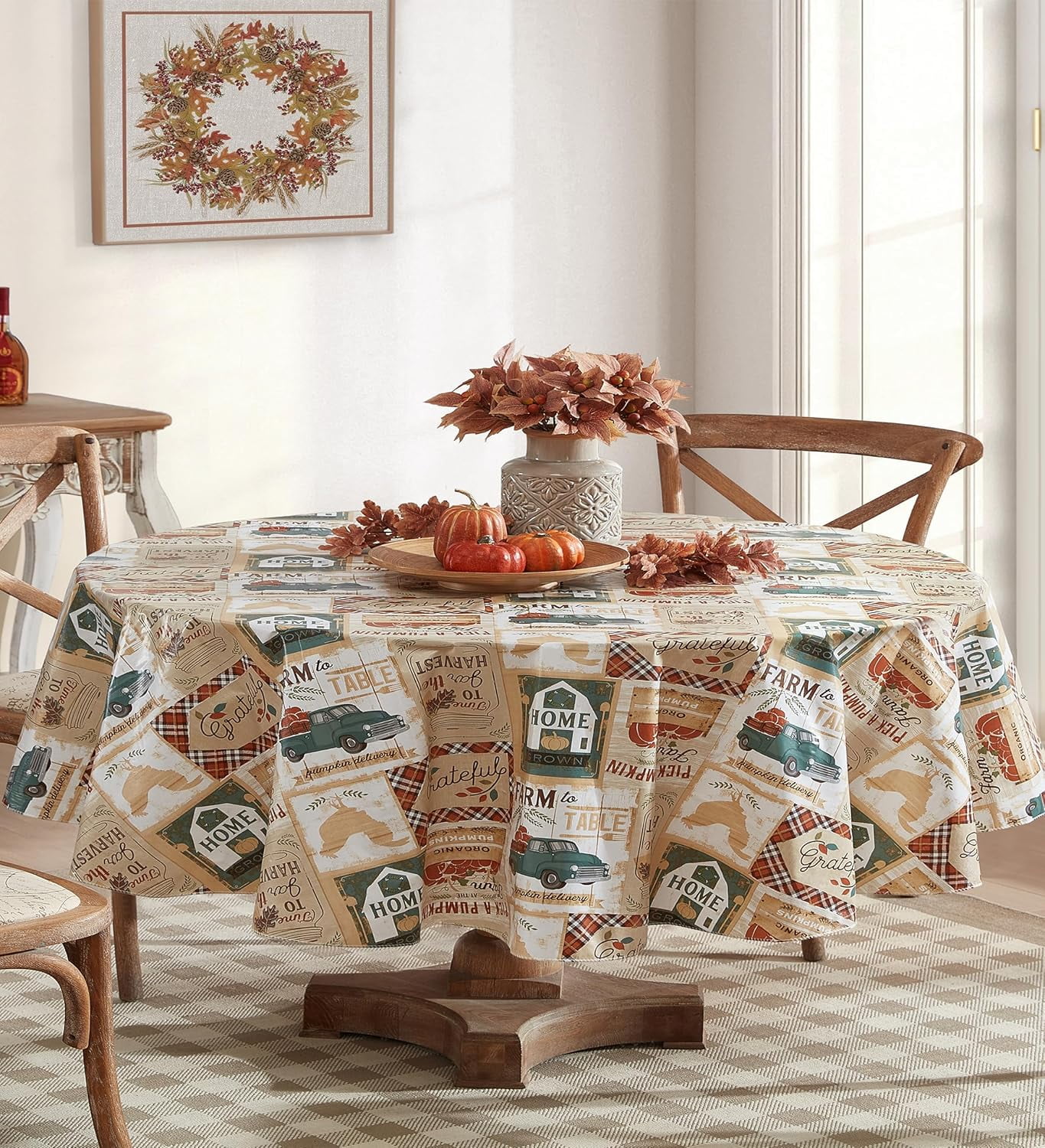 Teal Blue Brookside Autumn Farmyard Vinyl Flannel Backed Tablecloth ...