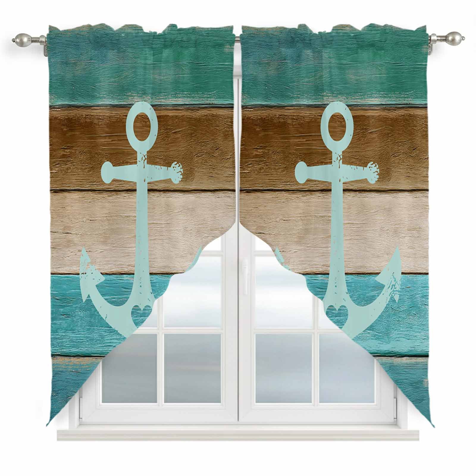 Teal Blue Brown Anchor Swag Curtains Vintage Nautical Coastal Ocean ...