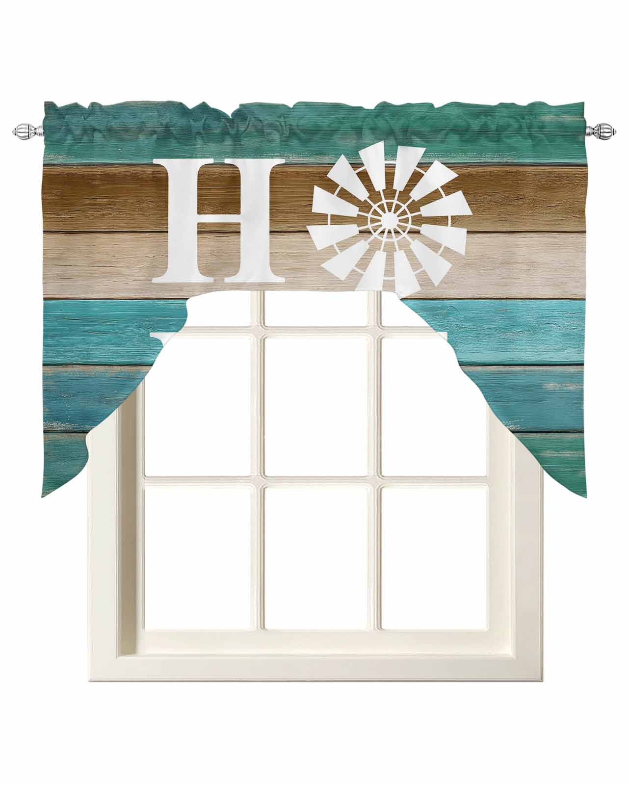 Teal Blue Brown Kitchen Swag Valances for Windows, Home Vintage ...