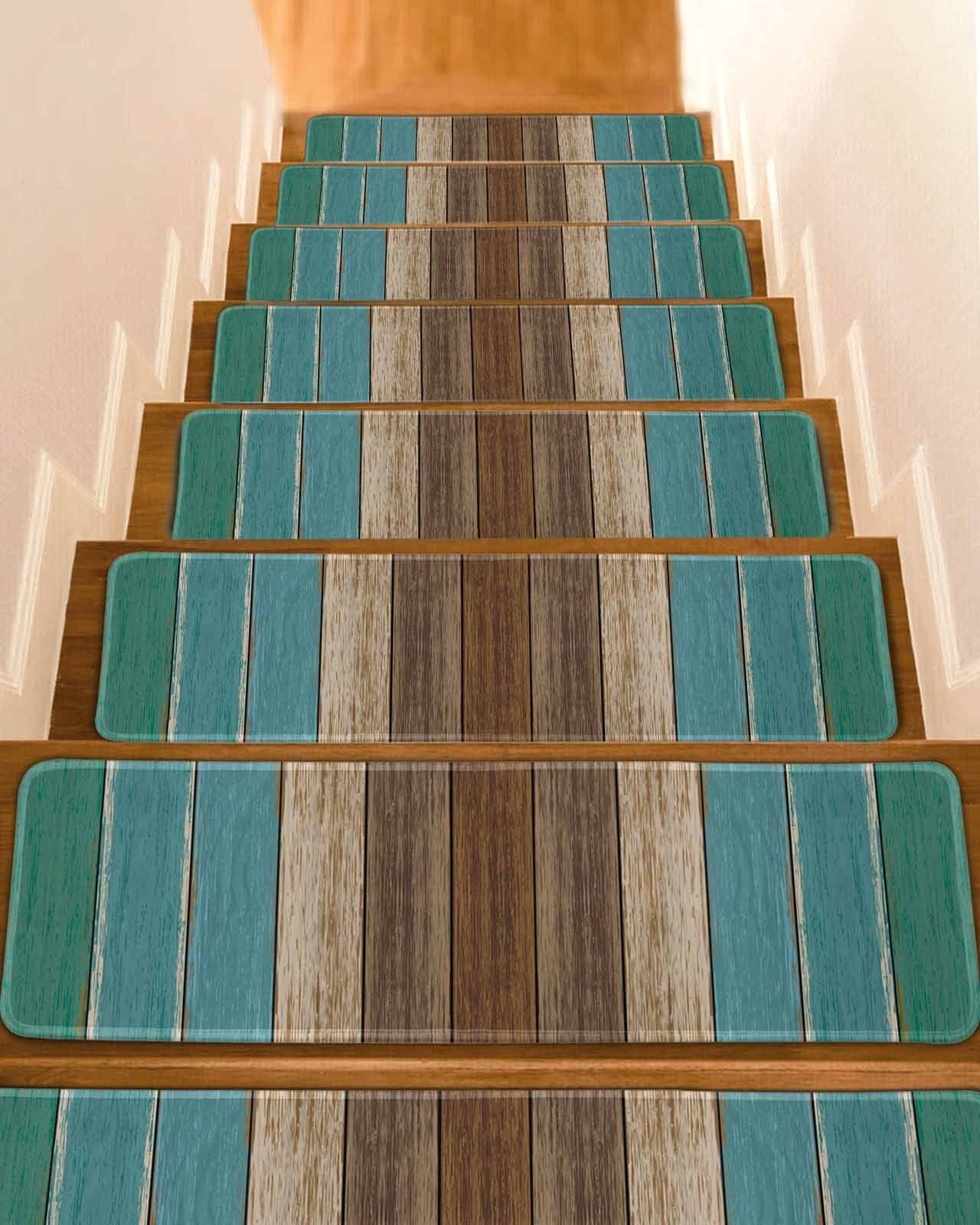 Teal Blue Brown Stair Treads for Wooden Steps Indoor Runner Rug Carpet ...