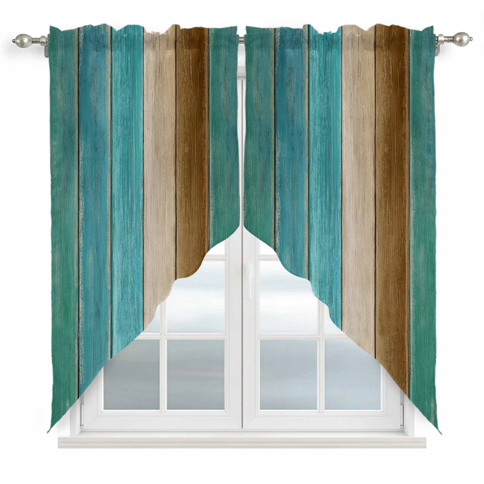 Teal Blue Brown Swag Curtains Vintage Farmhouse Art Wooden Retro Swag ...