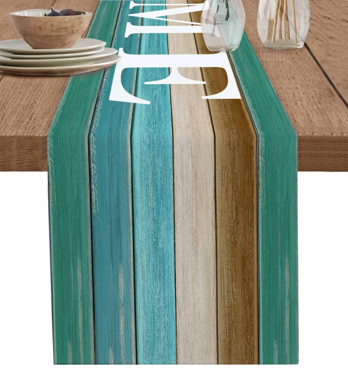 Teal Blue Brown Table Runner Home Vintage Farmhouse Retro Wooden ...