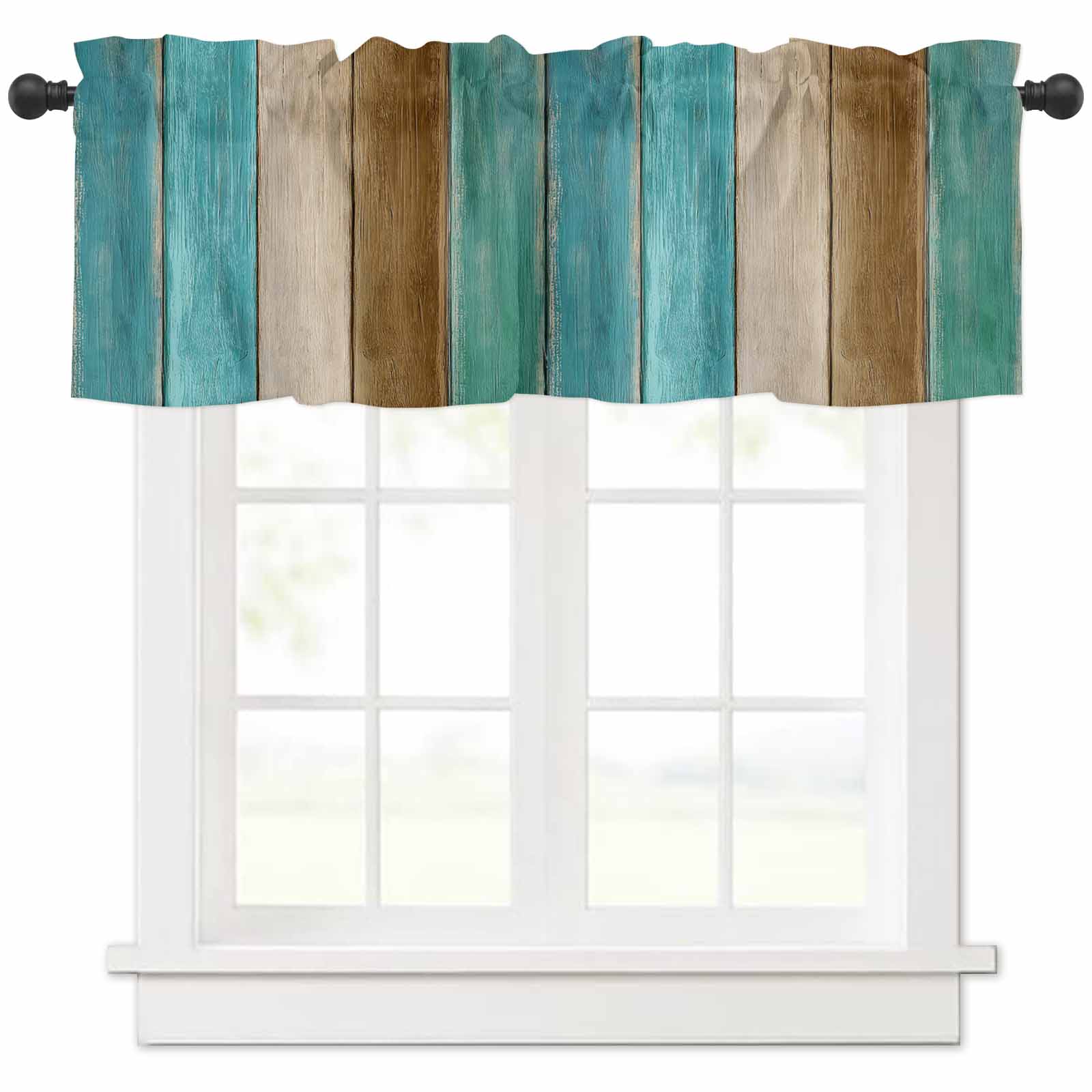 Teal Blue Brown Valances for Windows Farmhouse Kitchen Curtains ...