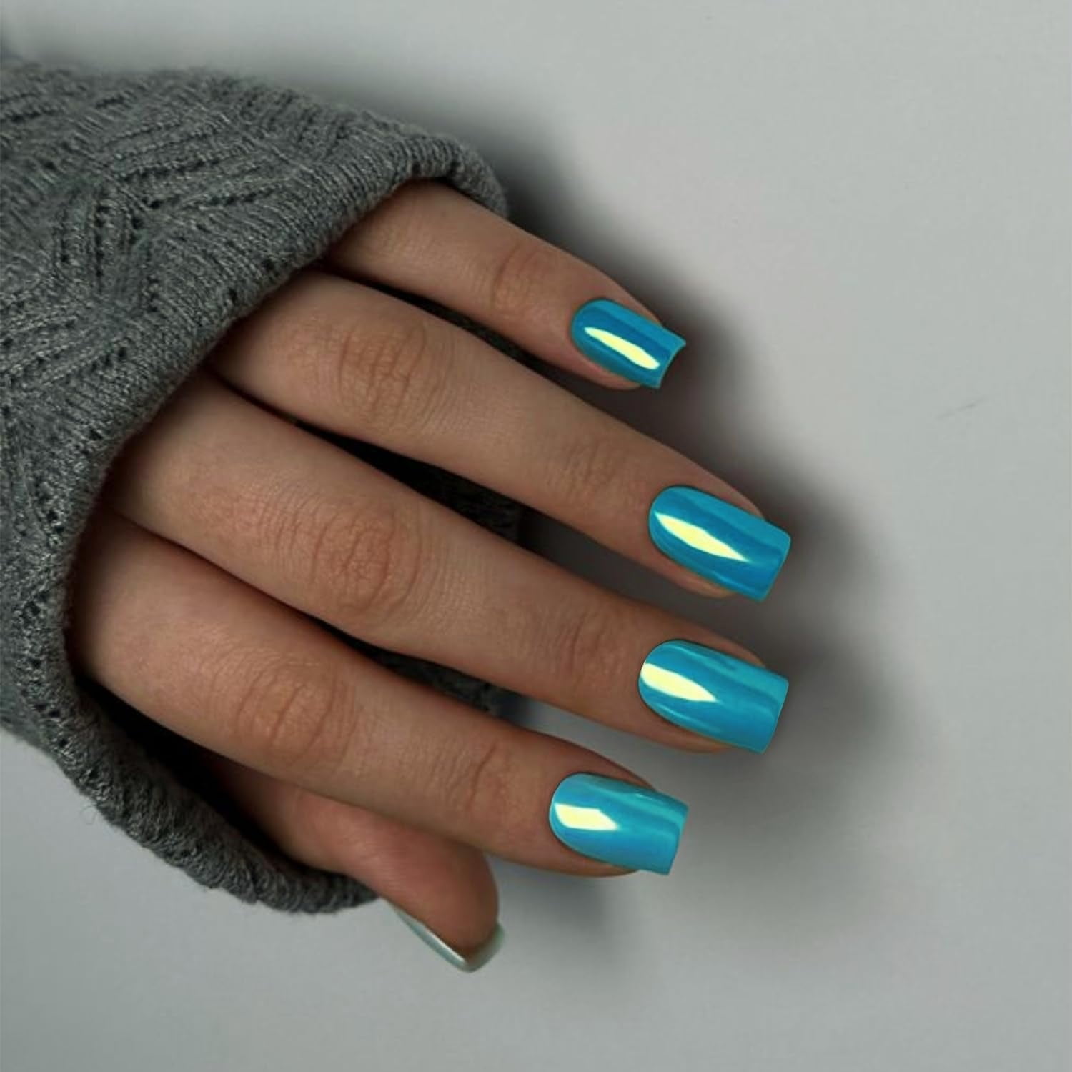 Teal Blue Chrome Press on Nails Short Square, Gold Nail Fake Nails ...