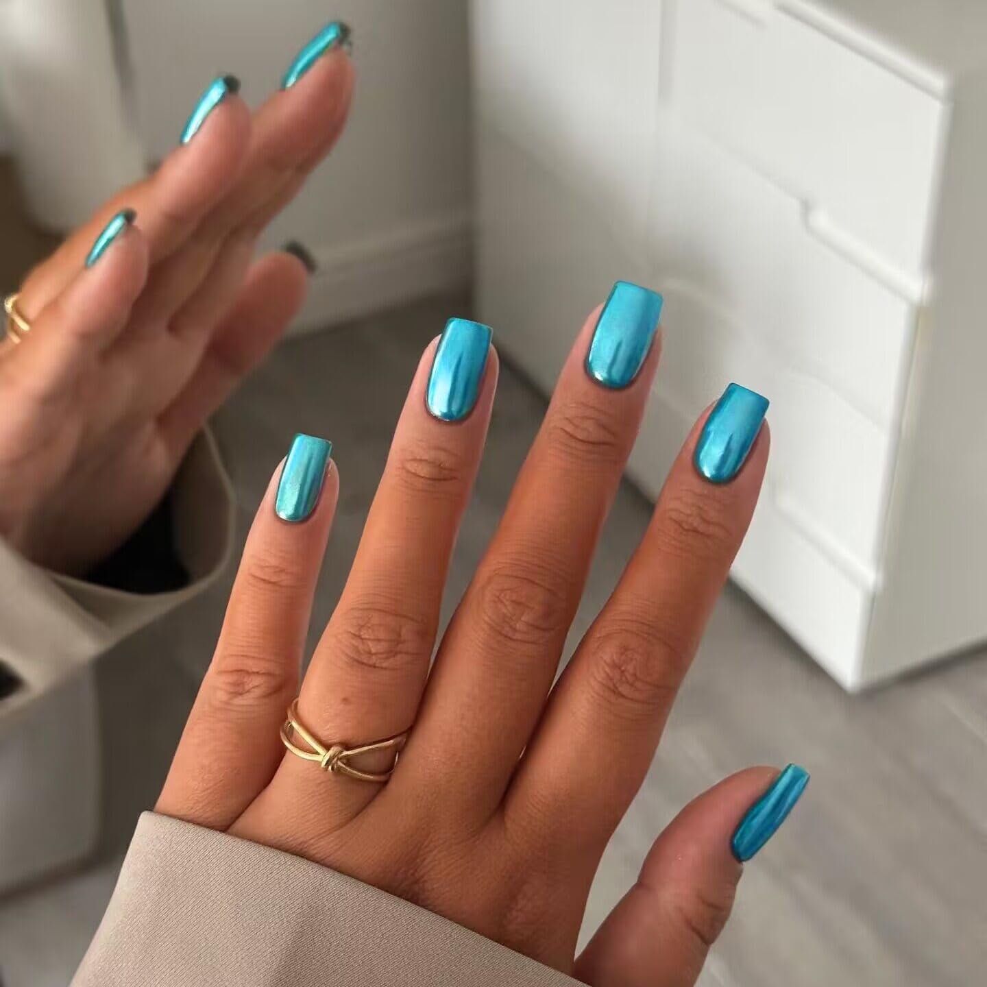 Teal Blue Chrome Square Press on Nails Short Medium,KQueenest Mirror ...