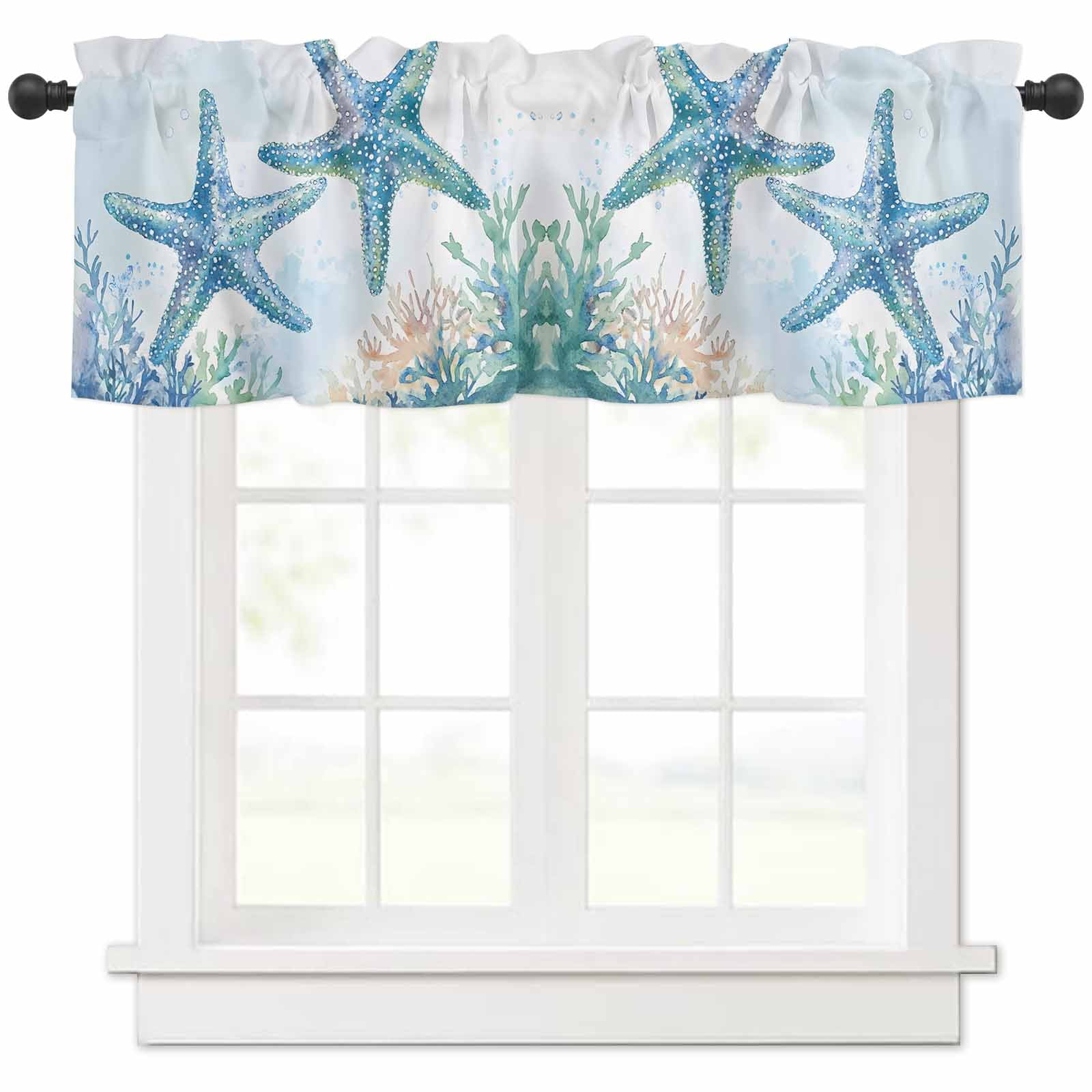 Teal Blue Coastal Coral Valances for Windows Farmhouse Kitchen Curtains ...