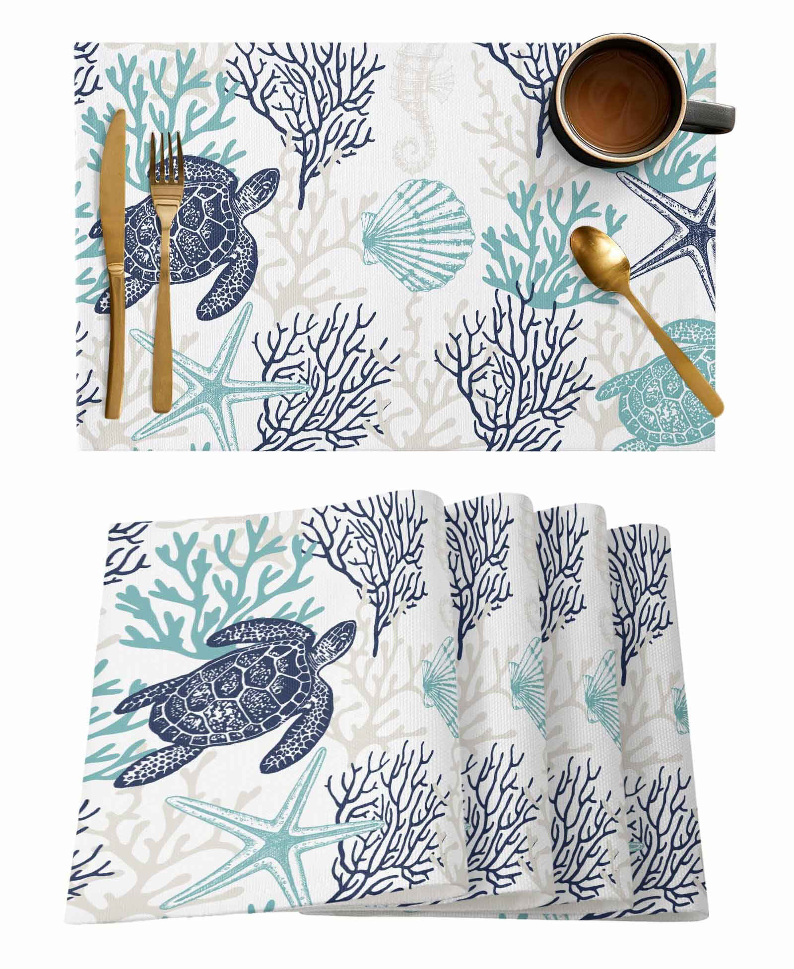 Teal Blue Coastal Placemats Set of 4, Sea Turtle Nautical Coral Summer ...