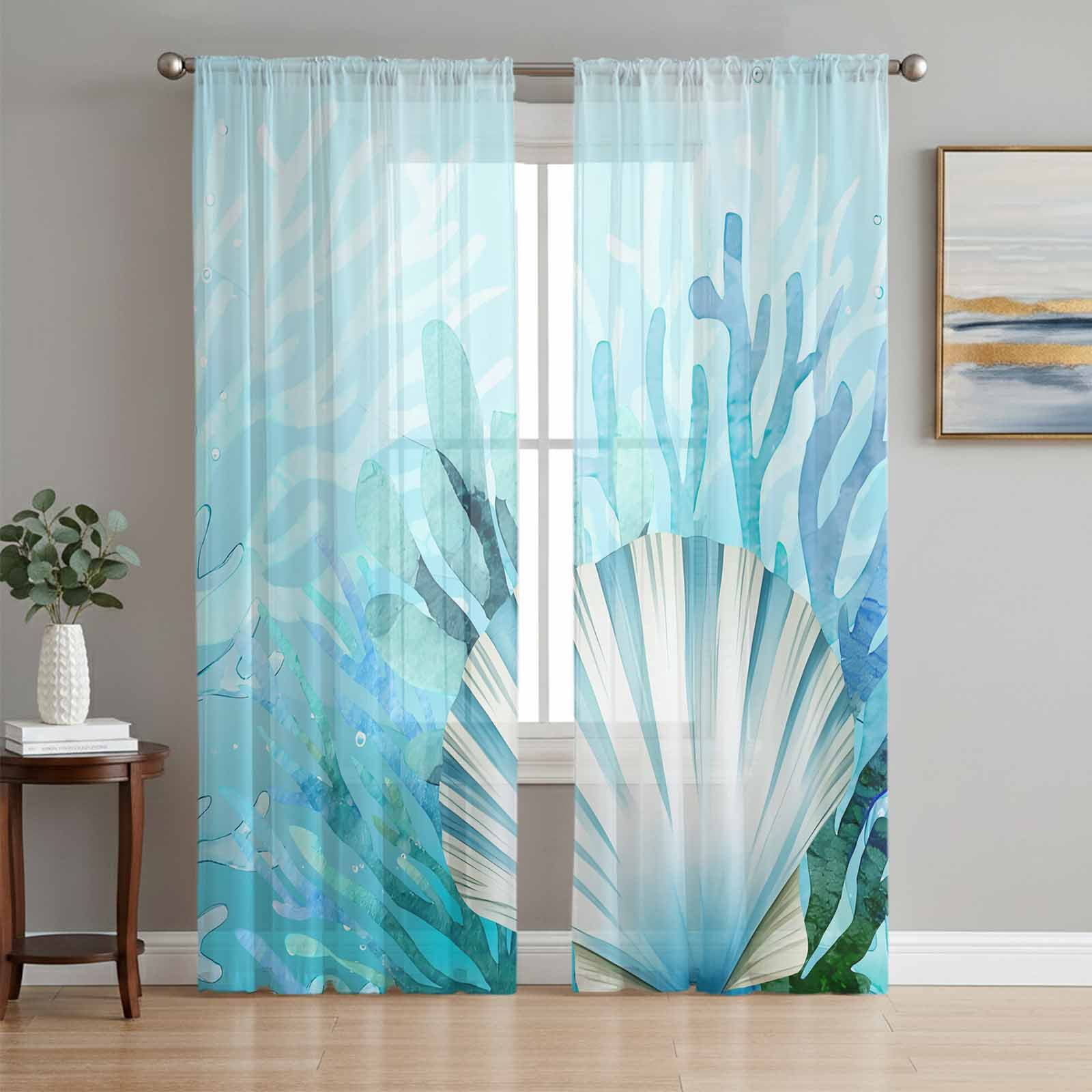 Teal Blue Coastal Semi Sheer Curtains 63 Inch Length 2 Panels Set ...