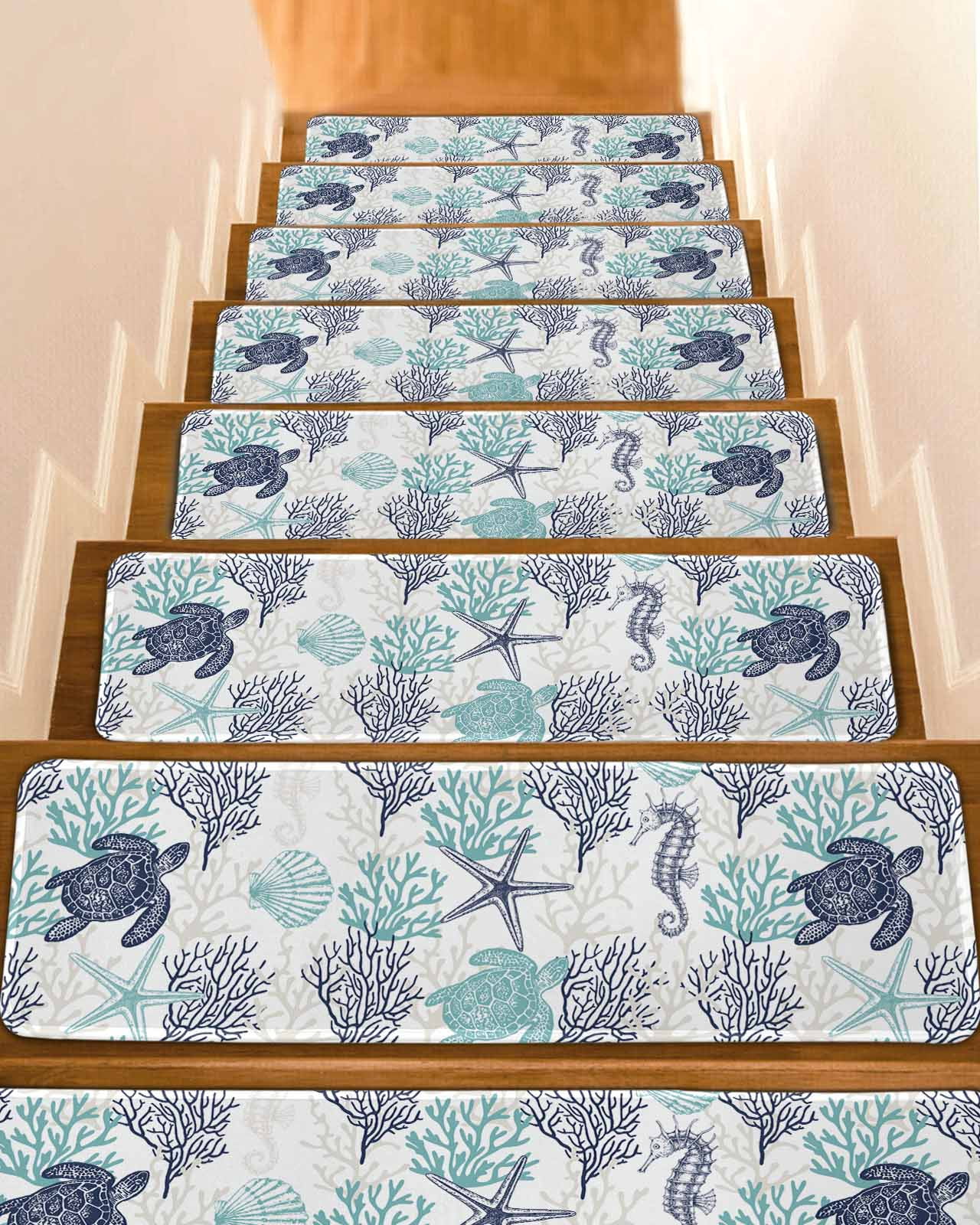 Teal Blue Coastal Stair Treads for Wooden Steps Indoor Runner Rug ...