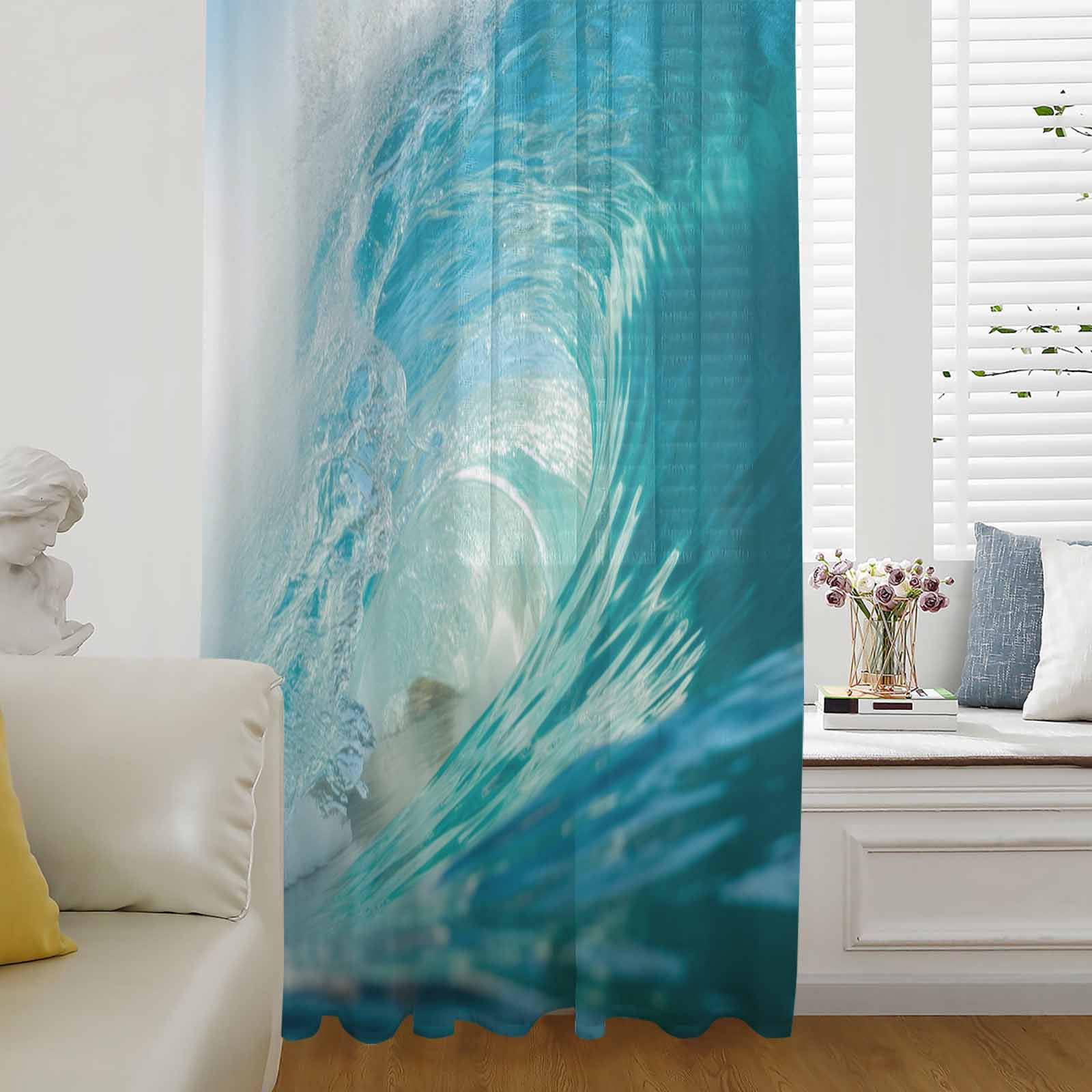 Teal Blue Coastal Wave Semi Sheer Curtains Drapes for Living Room ...