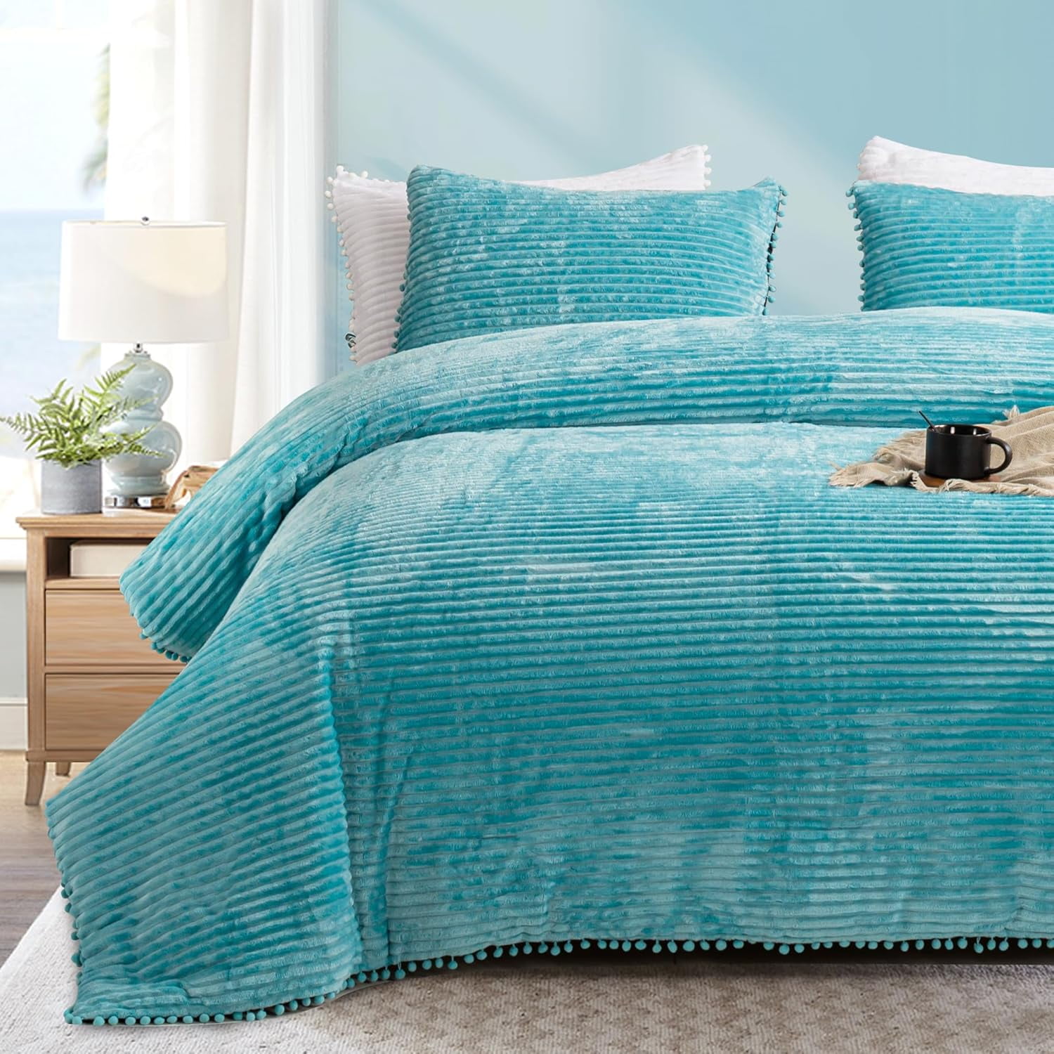 Teal Blue Comforter Set Queen, 3pcs Turquoise Blue Ball Pom Fringe ...