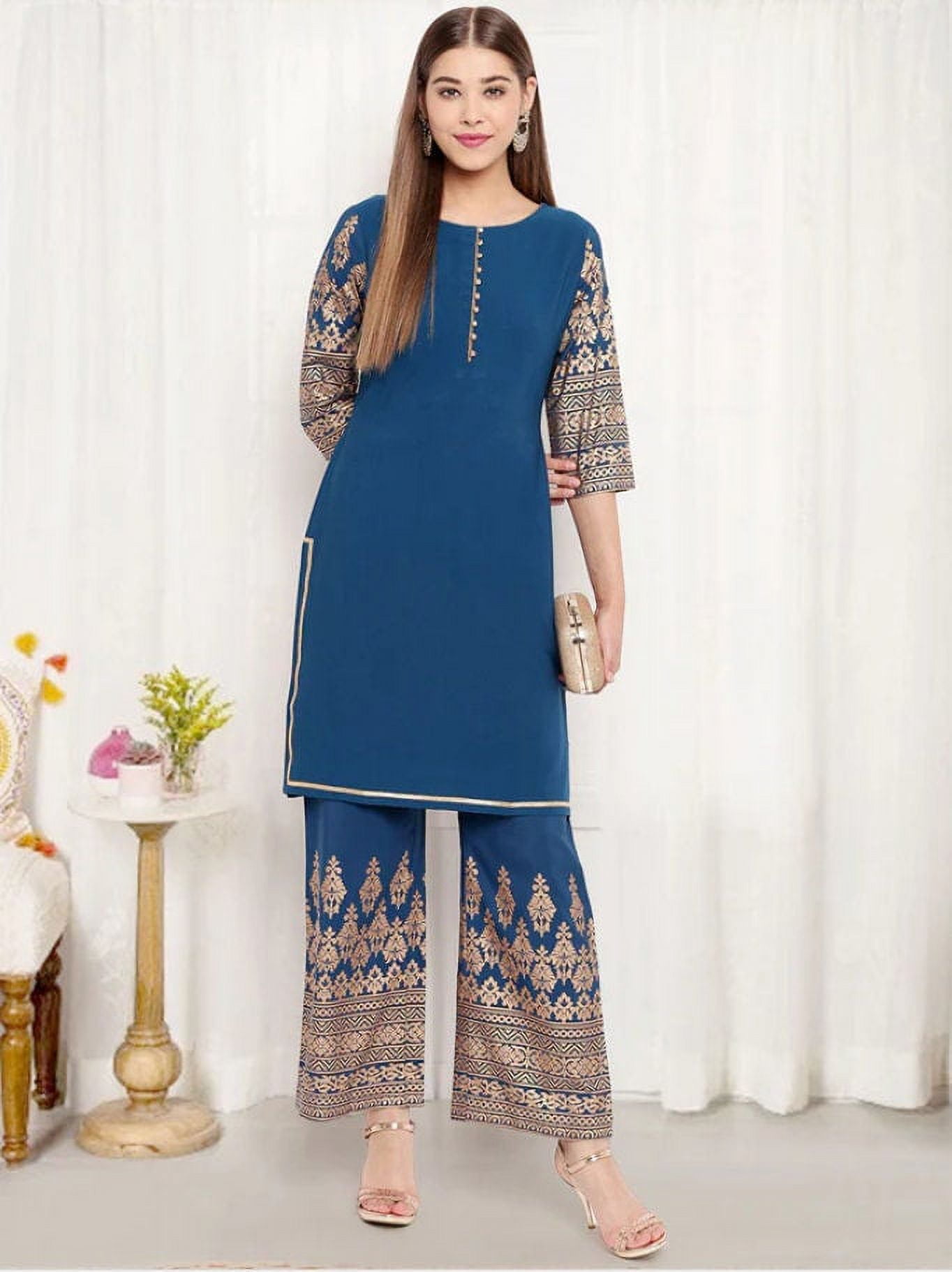 Teal Blue Crepe Foil Print Kurta With Sharara Pants | Kurta Set | Kurti ...