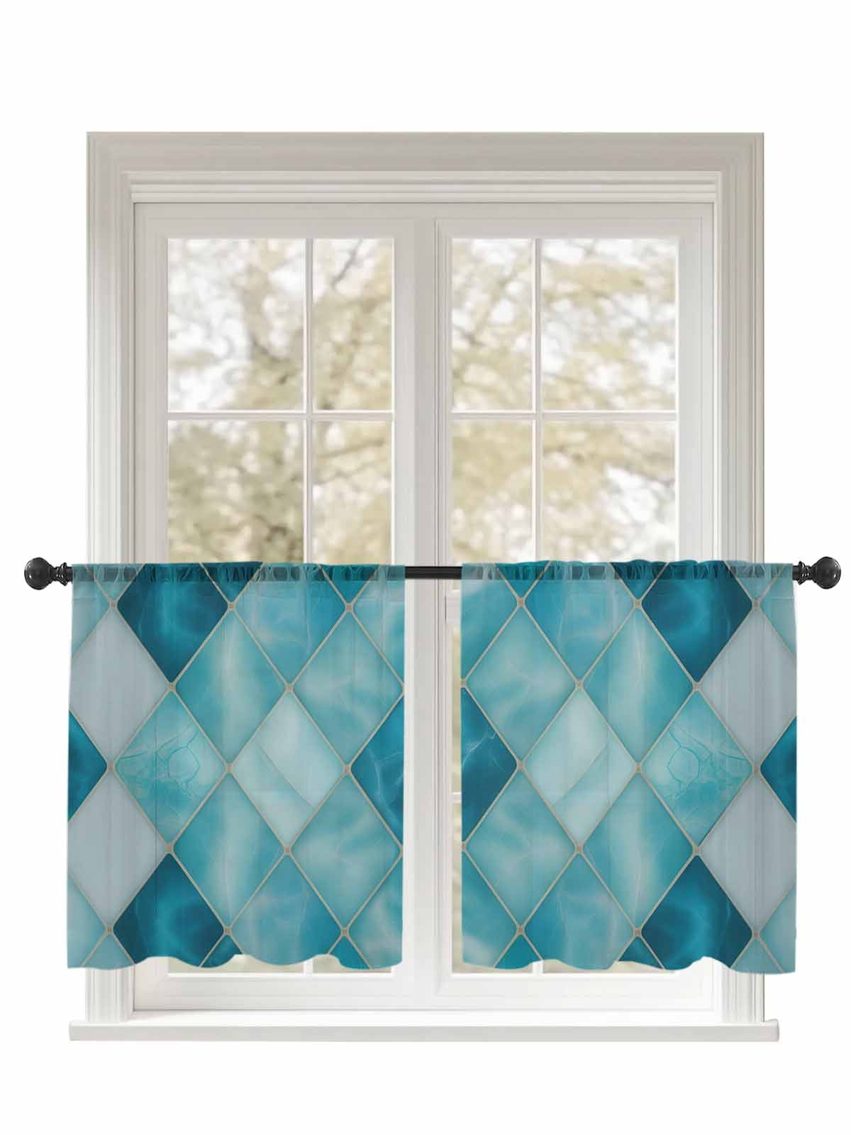 Teal Blue Diamond Sheer Curtains 2 Panels Set Modern Geometric Lines ...