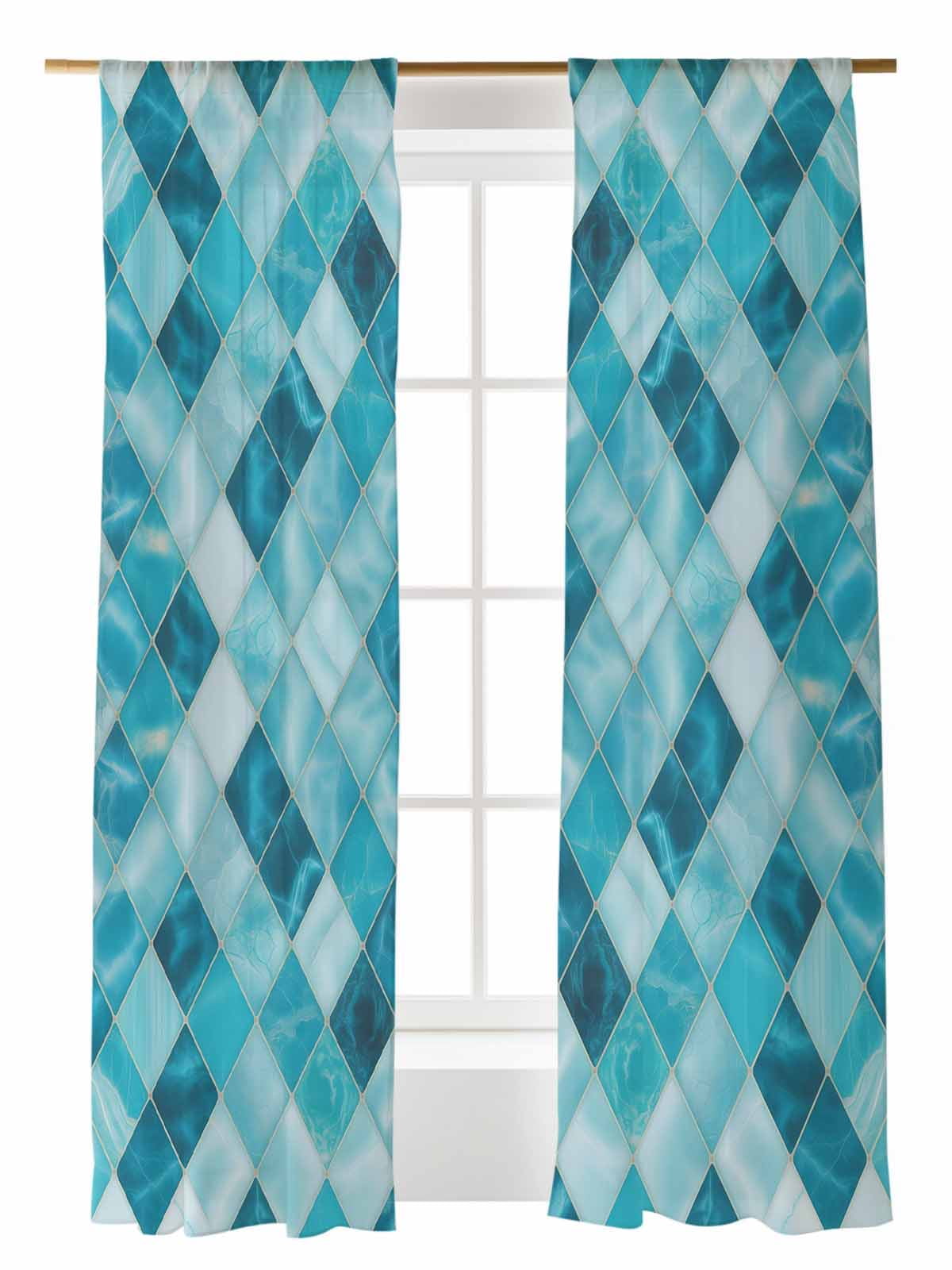 Teal Blue Diamond Sheer Curtains 2 Panels Set Modern Geometric Lines ...