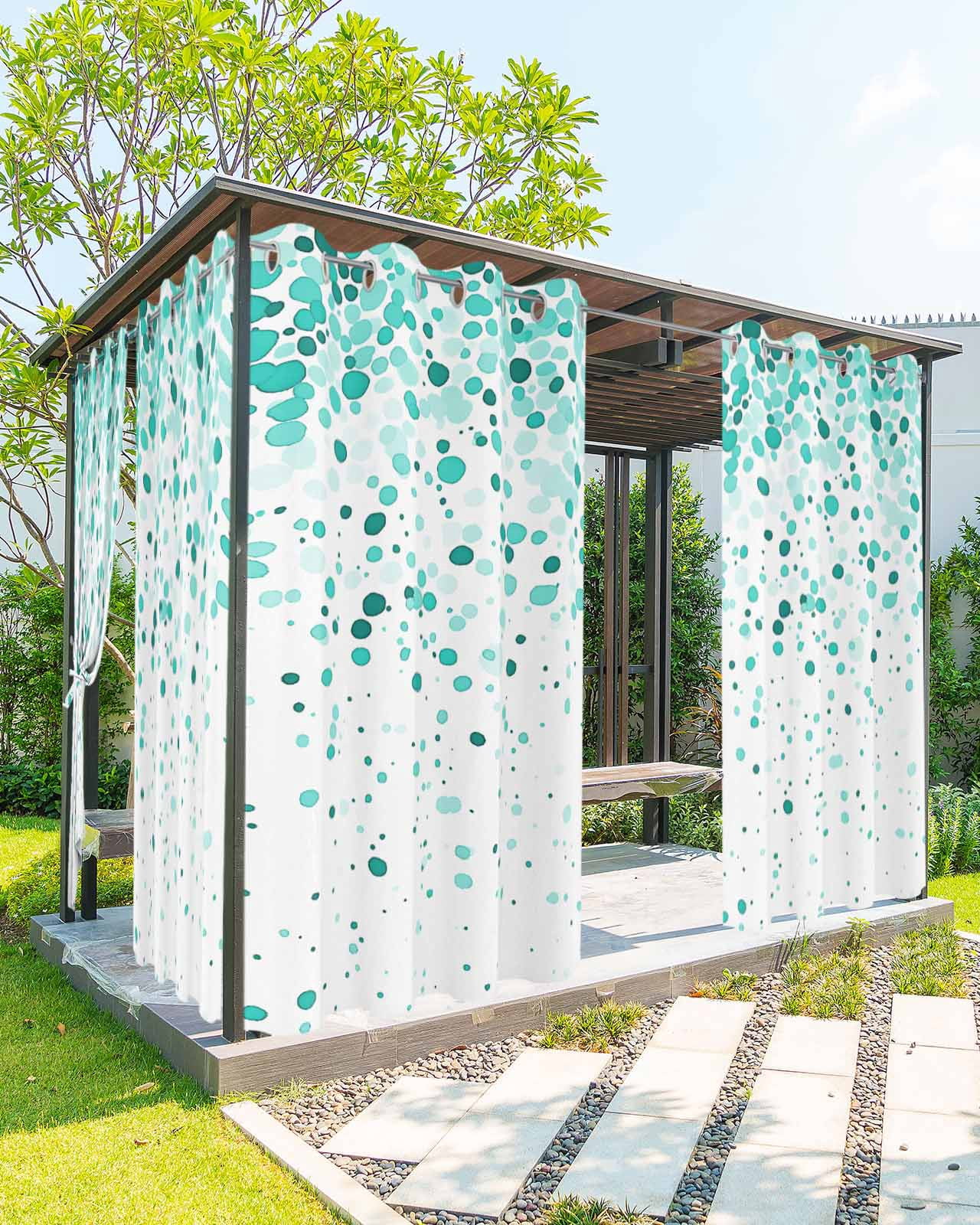 Teal Blue Dot Outdoor Curtains for Patio Waterproof, Ombre Abstract ...