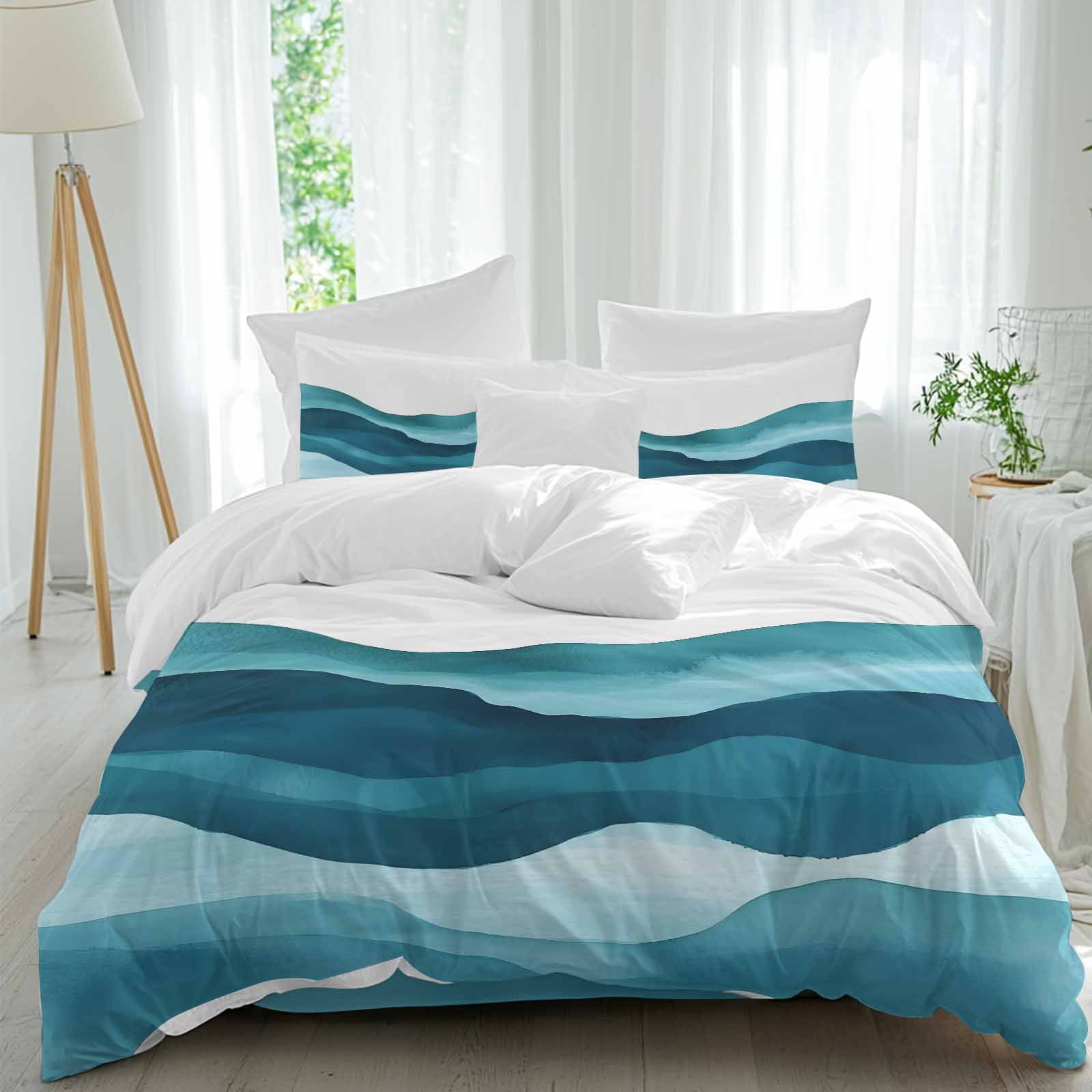 Teal Blue Duvet Cover Set Queen Size Water Ripple Abstract Gradient ...
