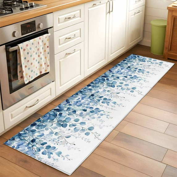 Teal Blue Eucalyptus Leaves 2x6 Kitchen Runner Rug, Spring Farmhouse ...