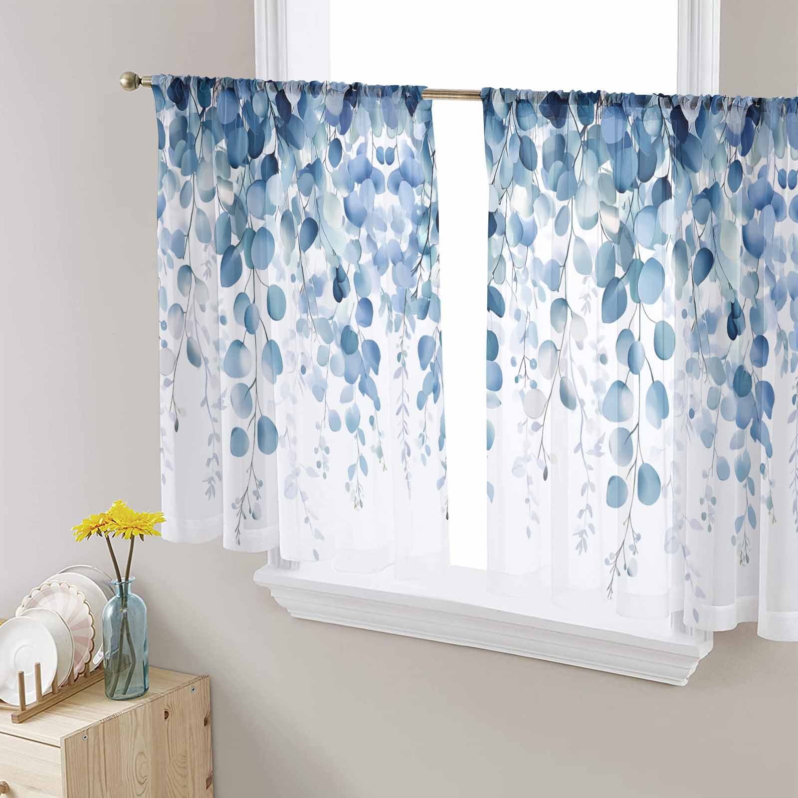 Teal Blue Eucalyptus Leaves Semi Sheer Window Curtains 45 Inches Long ...