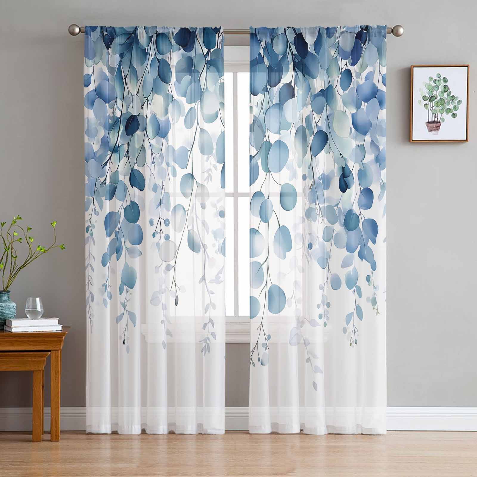 Teal Blue Eucalyptus Leaves Semi Sheer Window Curtains 96 Inches Long ...